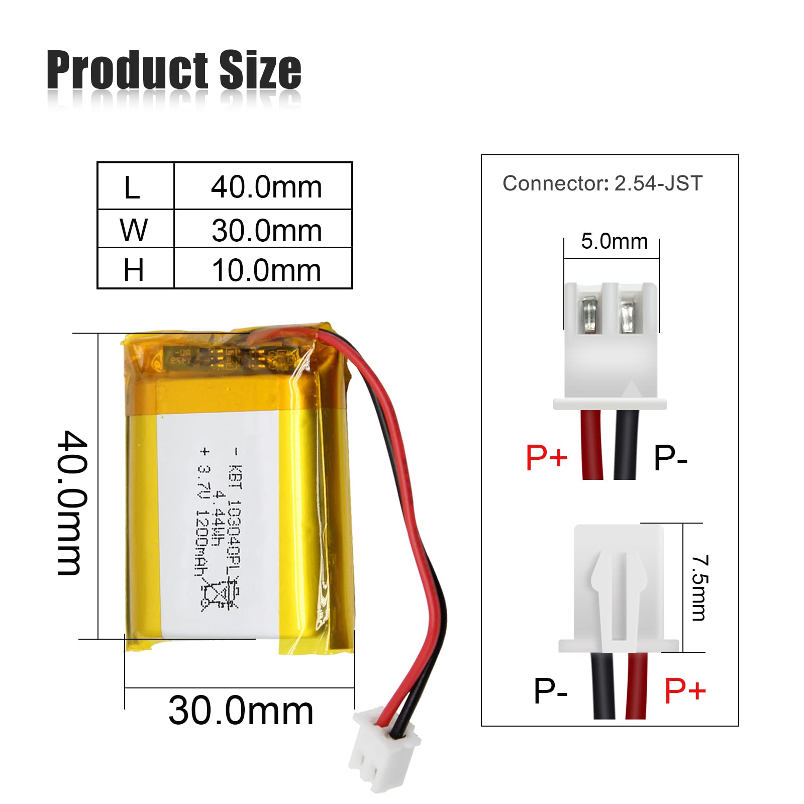 KBT 3.7V 1200mAh Li-Polymer Battery: 103040 Lipo Rechargeable Lithium-ion Replacement Batteries with JST Connector