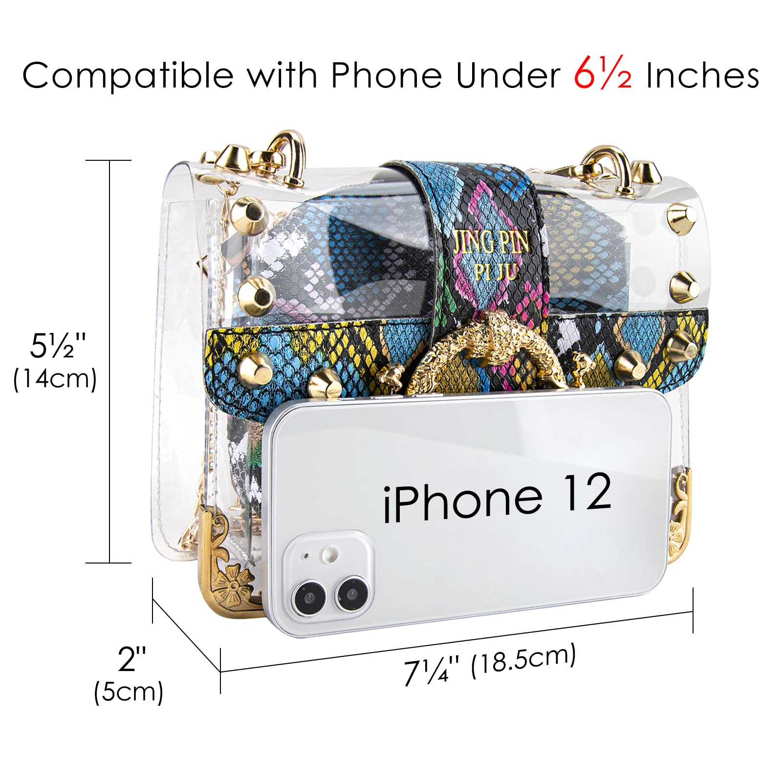 Linkidea Clear Purse, 2 in 1 Transparent Shoulder Crossbody Bag, Fashion Snakeskin Pattern Rivet Chain Clutch for Women (Multi)