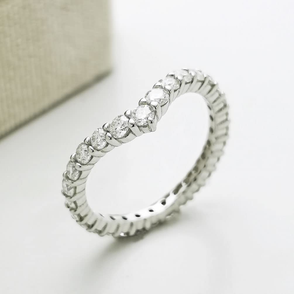 Idocare Wedding Bands For Women Full Eternity Moissanite Ring V Shaped Curved Platinum Plated Sterling Silver Size 7