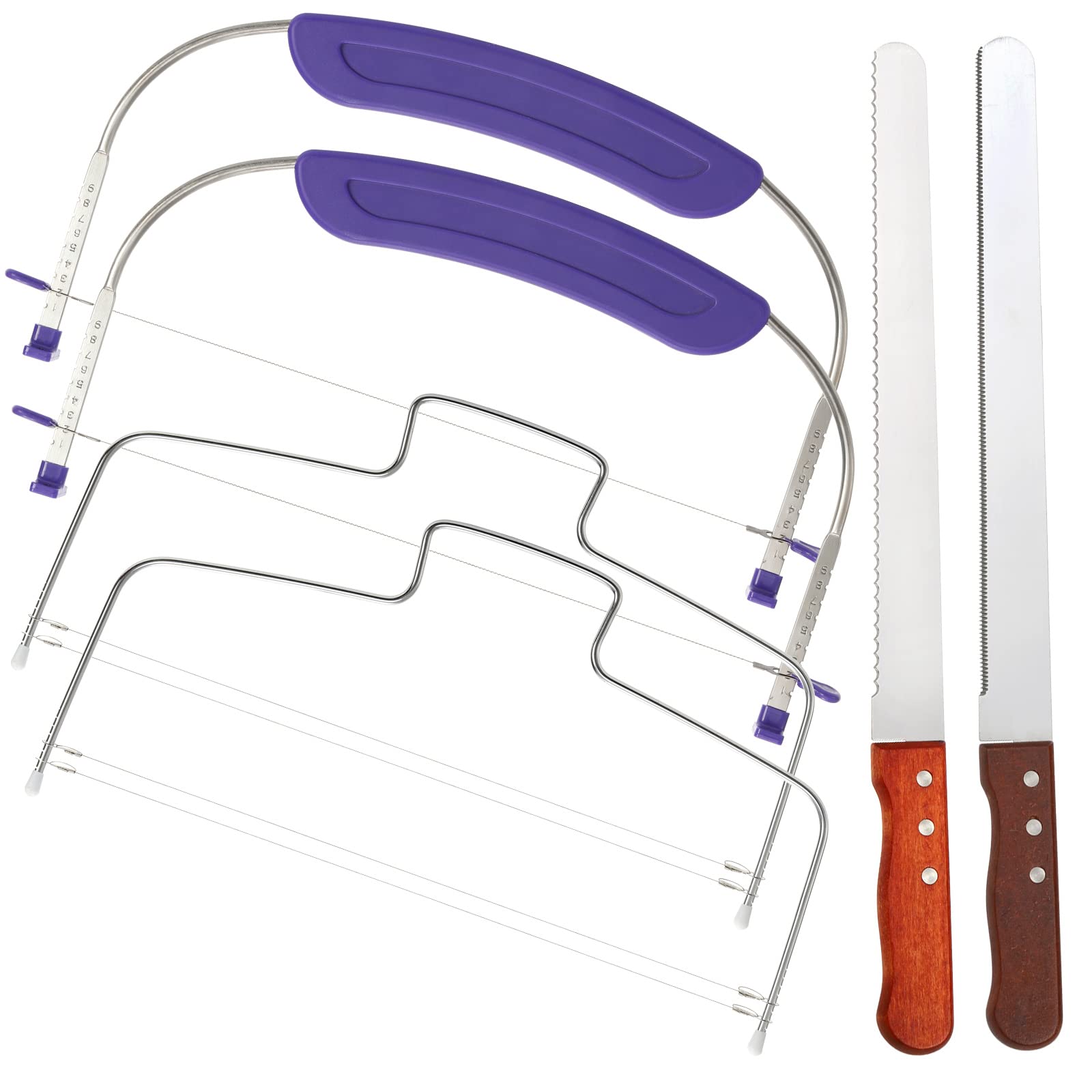 Nicunom 6 Pcs Professional Kitchen Baking Tools, 11" Adjustable Cake Leveler Cutter, 12" Double Wire Cake Slicer, 12" Stainless Steel Bread/Cake Knife with Wood Handle