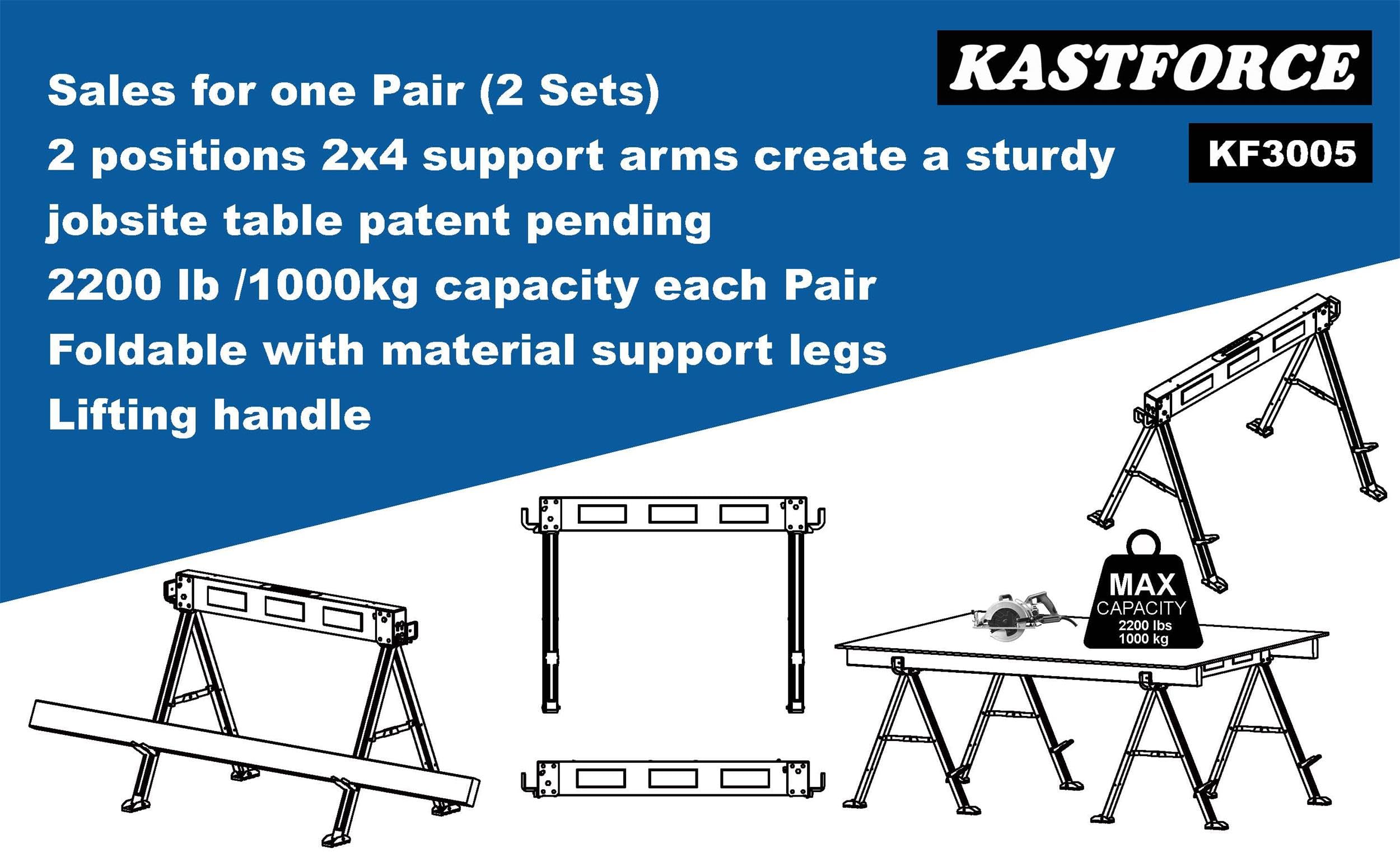 KASTFORCE Folding Sawhorse 2200 lb /1000kg capacity Heavy Duty Jobsite Table Stand with Folding Legs Twin Pack KF3005