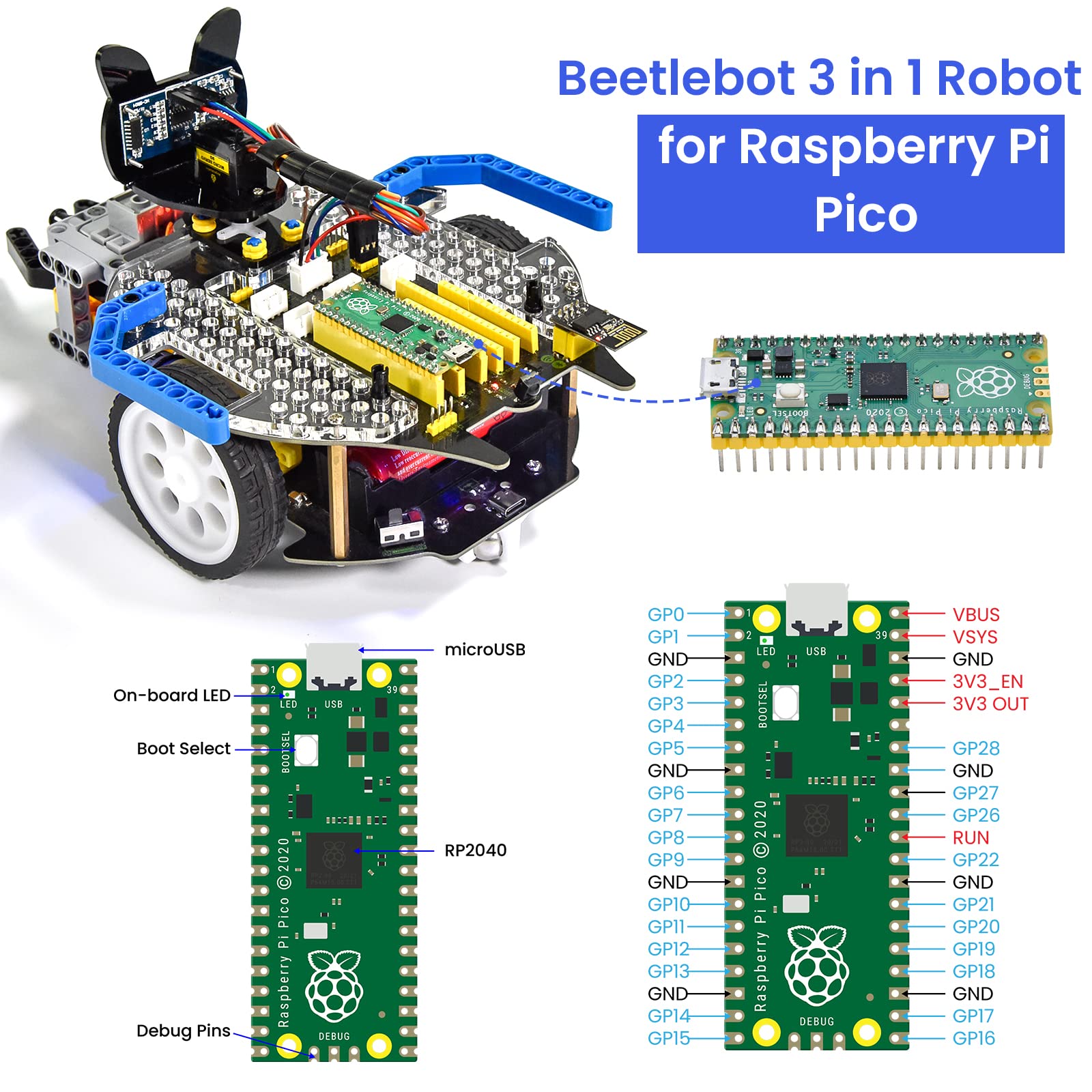 KEYESTUDIO Beetlebot 3 in 1 Robot Car Starter Kit for Raspberry Pi PICO, MicroPython C+ Language, Matrix Display, APP & IR Remote Control, WiFi Module, with Building Blocks for Adults Programming 15+