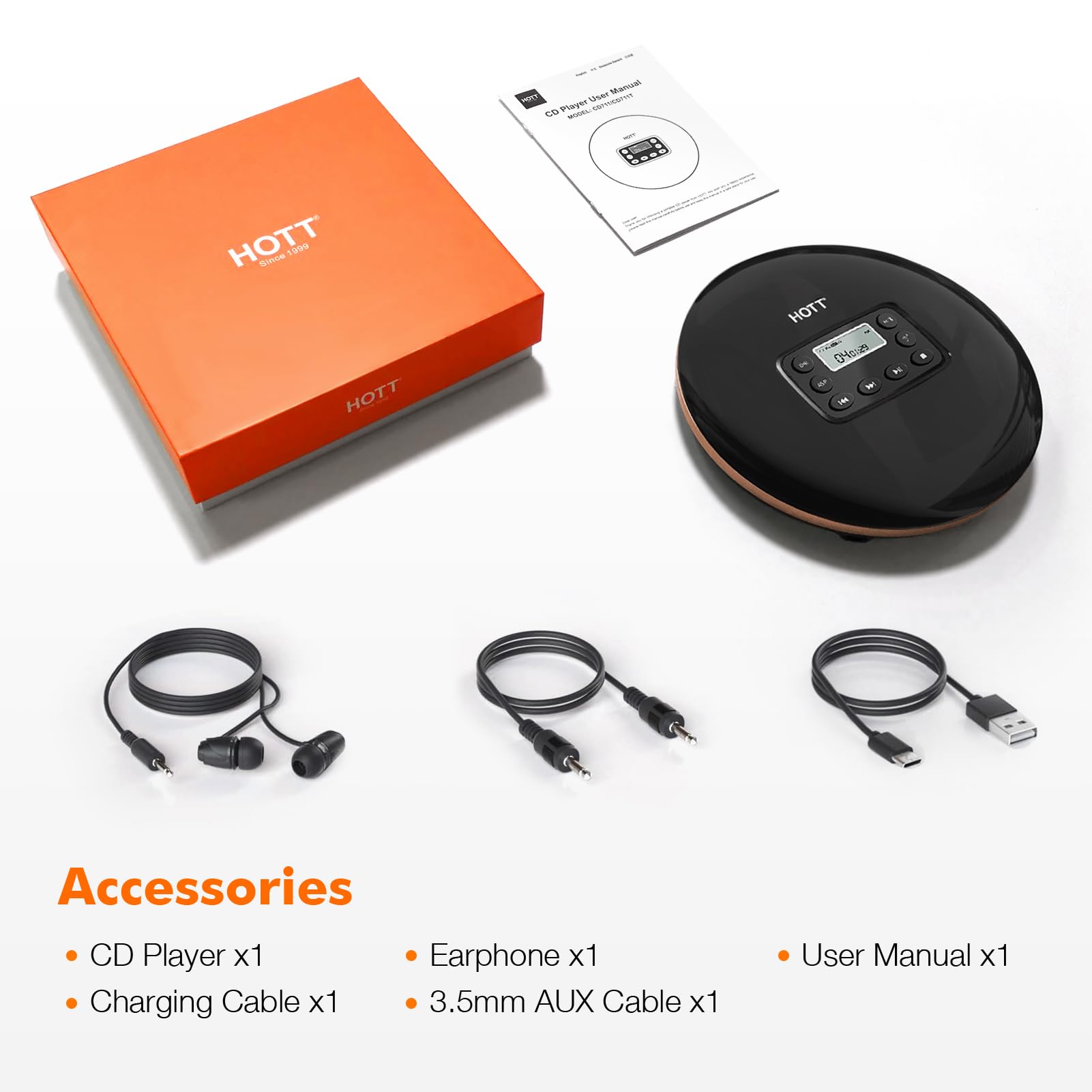 HOTT CD Player Portable with Bluetooth, Portable CD Player, CD-R,MP3 USB Rechargeable Walkman CD Player with Headphones and AUX Cable for Car Travel, Discman CD Player with Shockproof (CD711T)