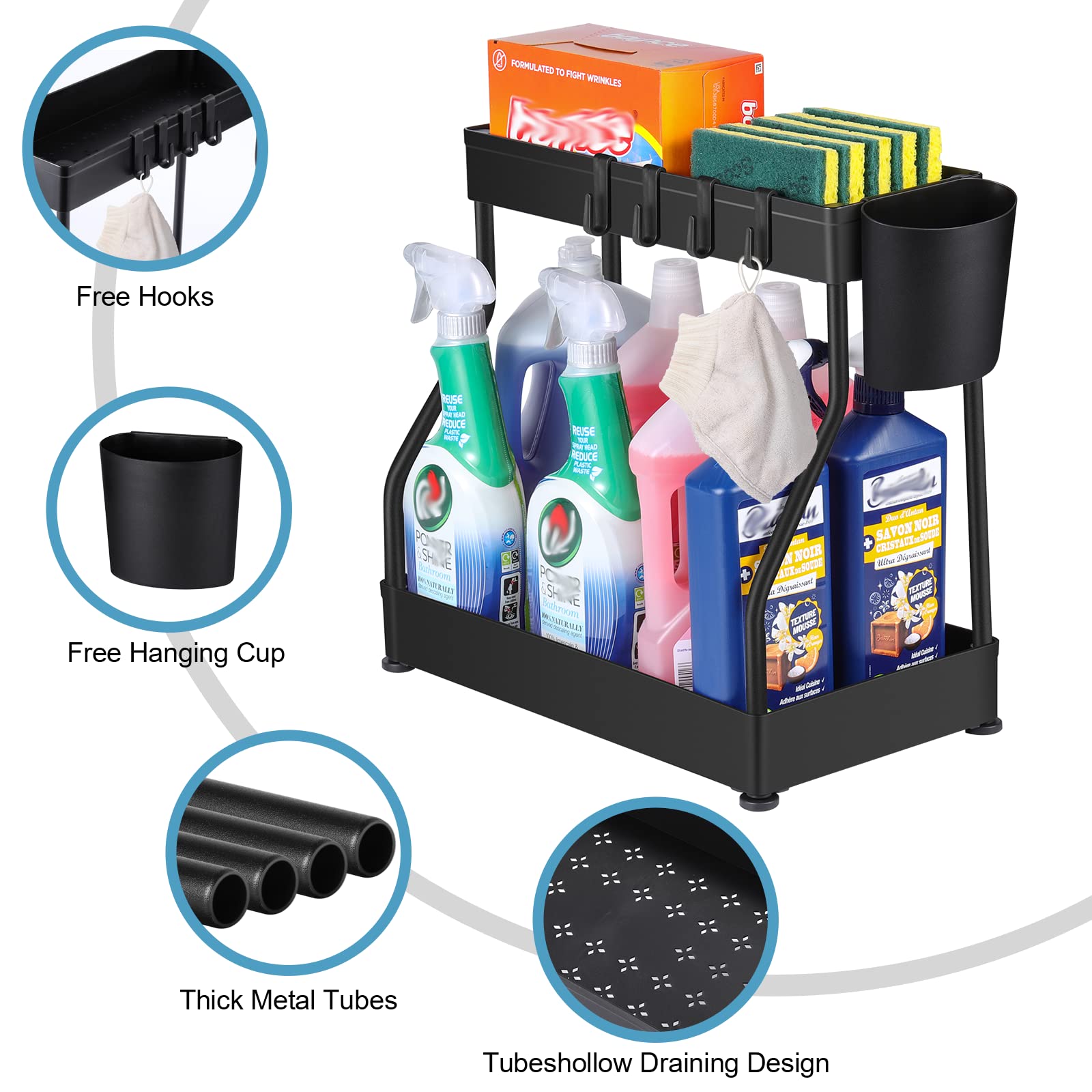 Heyzeibo Under Sink Organizers and Storage, 2 Tier Kitchen Organization with 4 Hooks and 1 Hanging Cup Multi-Use Under Sink Bathroom Organizer for Kitchen, Sink, Bedroom, Cabinet