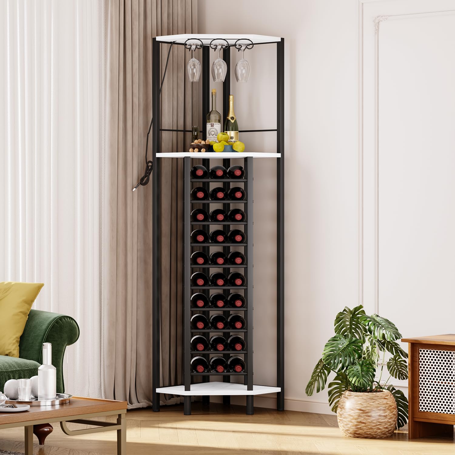 Homeiju Corner Wine Rack with Glass Holder and Led Strip Light, Corner Bar Wine Racks Free Standing Floor, Industrial Corner Bar Cabinet for Kitchen, Dining Room, Living Room or Cellar