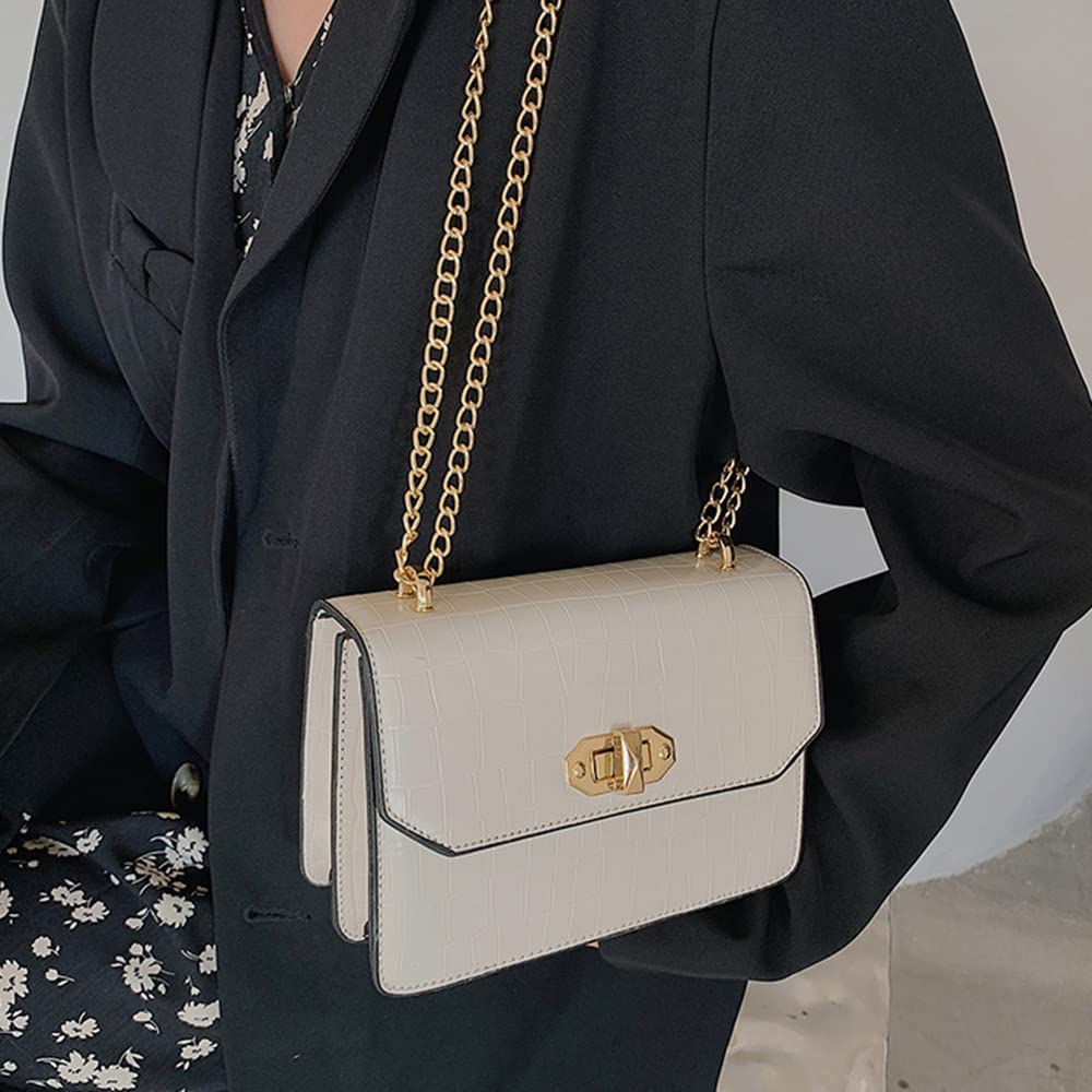 JENLING Small Chain Purse for Women Shoulder Bag Crossbody Mini Handbag Crocodile Pattern Purses with Gold Chain (Beige)