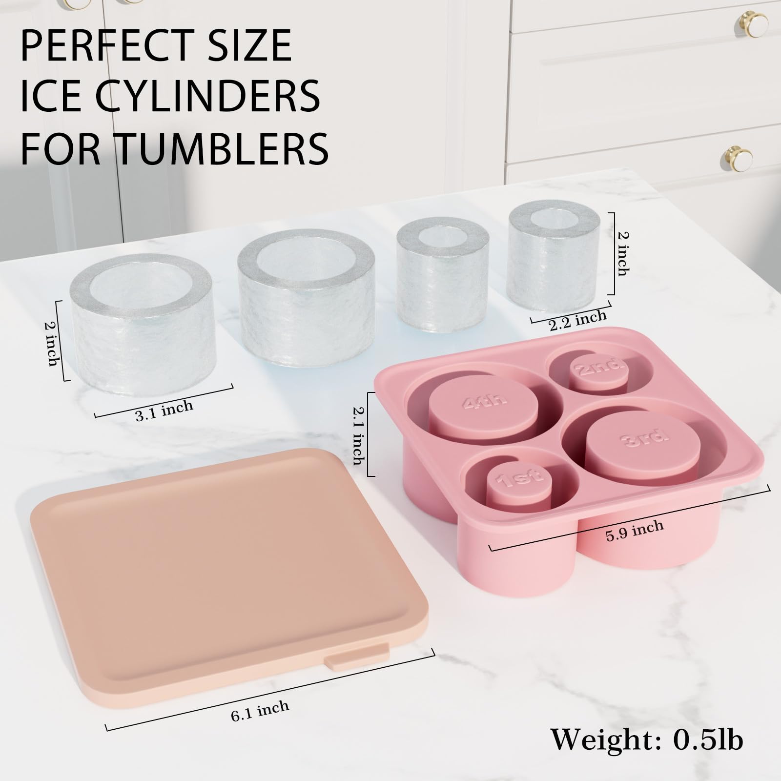 Ice Cube Tray for Stanley Cup,Reusable Ice Cube Trays with Lid for 20oz 30oz 40oz Tumbler,4 Hollow Silicone Cylinder Ice Mold for Ice Drink, Juice, Whiskey, Cocktail