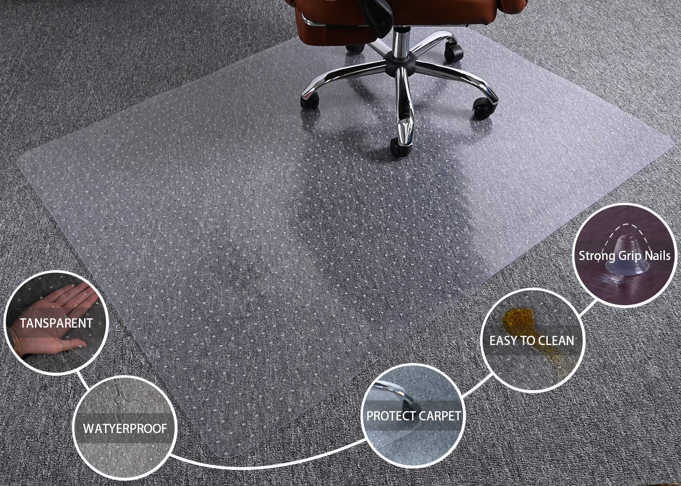 HOMEK Chair Mat for Carpeted Floors, 53β x 45β Transparent Office Chair Mat for Low Pile Carpet, Sturdy Floor Mat for Office Chairs