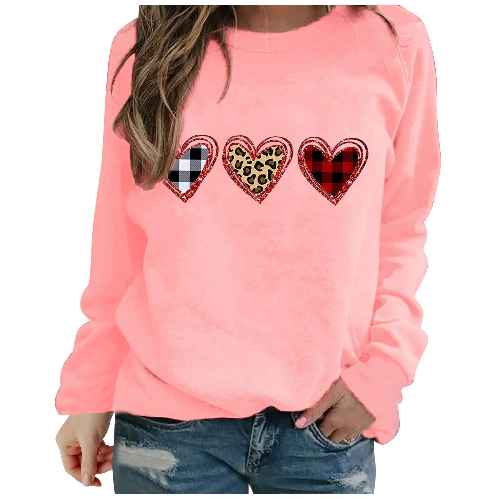 kangguolai Cotton Long Sleeve T Shirt for Women Women Sweatshirt Top 3 Love Pattern Printing Blouse Solid Color Pullover Long,Overstock Items Clearance All