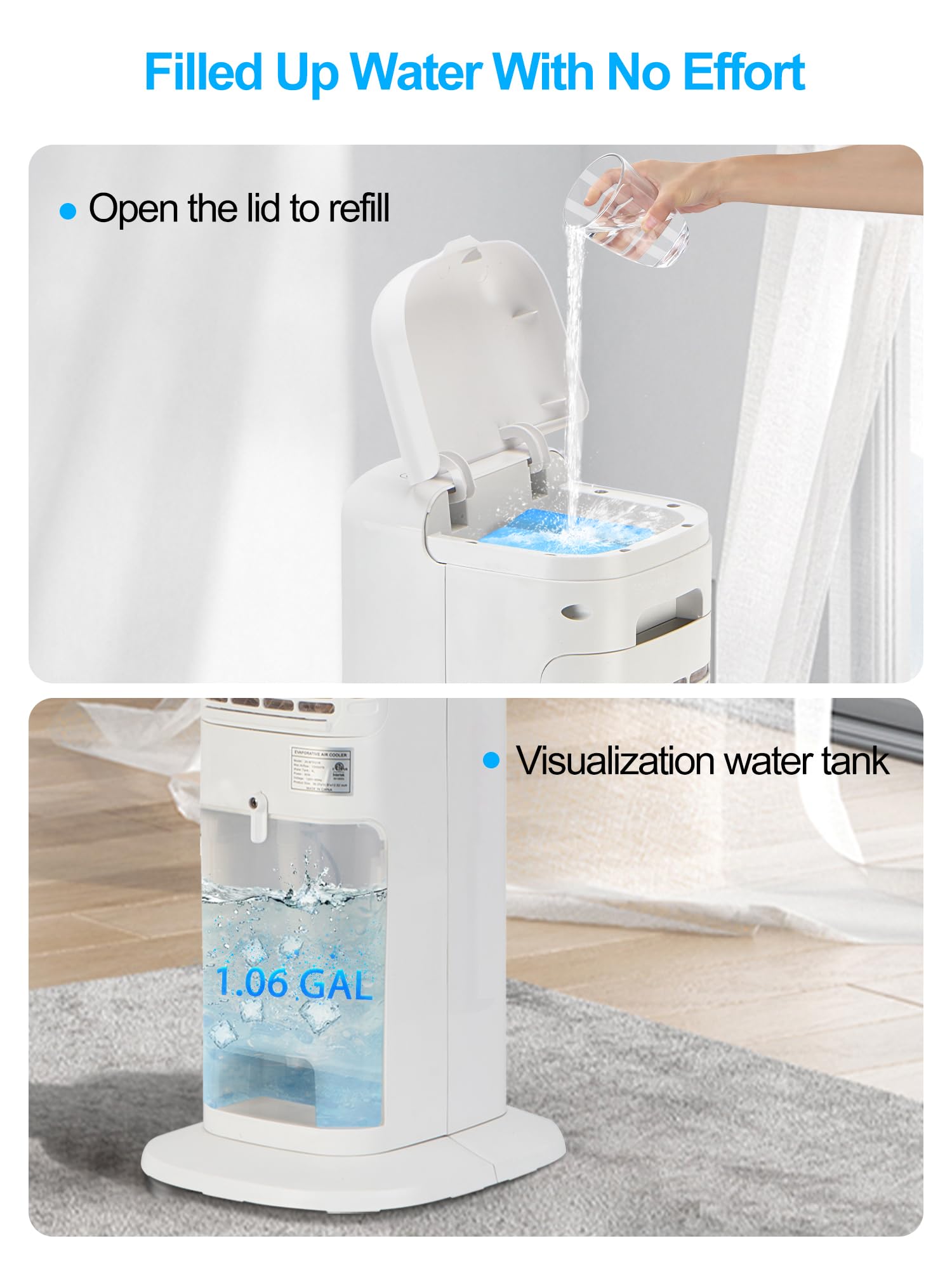 KEGIAN Cooling Fan That Blow Cold Air, Portable Evaporative Air Cooler, Swamp Cooler with 80°Oscillation, 3 Modes, 12H Timer, Remote, Bladeless Tower Fan for Home, Office, and Bedroom (41'')