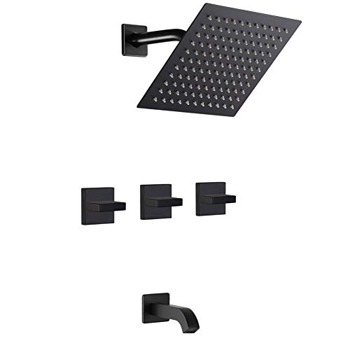 Matte Black 3 Handle Shower Faucet Set with Tub Spout, Tub and Shower Trim Kit with Rough-in Valve, Bathroom Rain Shower System Wall Mounted Rainfall Bathtub Shower Faucets
