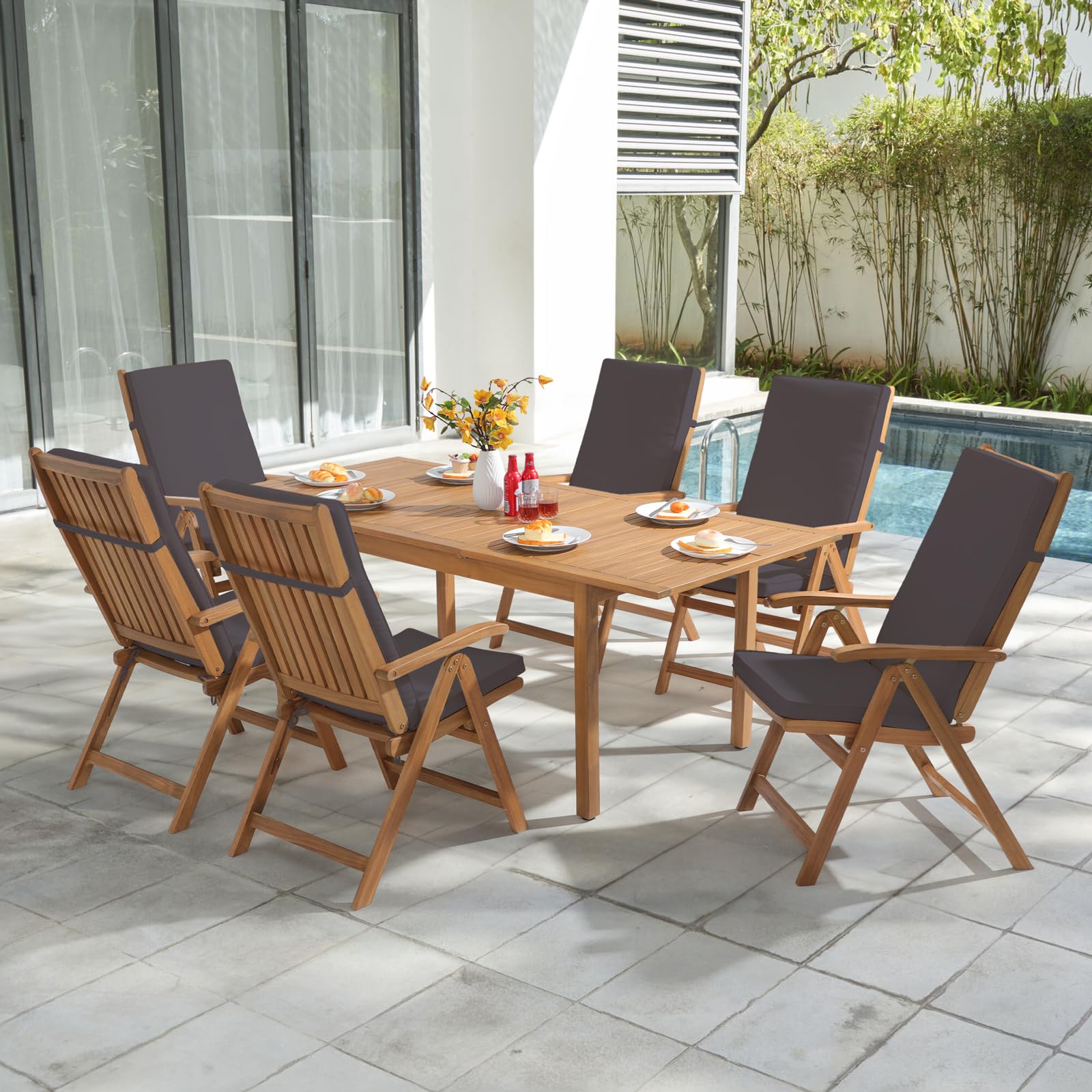OC Orange-Casual 7 Piece Patio Dining Set, Outdoor Acacia Wood Furniture Set w/Extendable Rectangular Table and 6 Foldable Reclining Chair, FSC Certified, for Deck Garden Backyard, Beige
