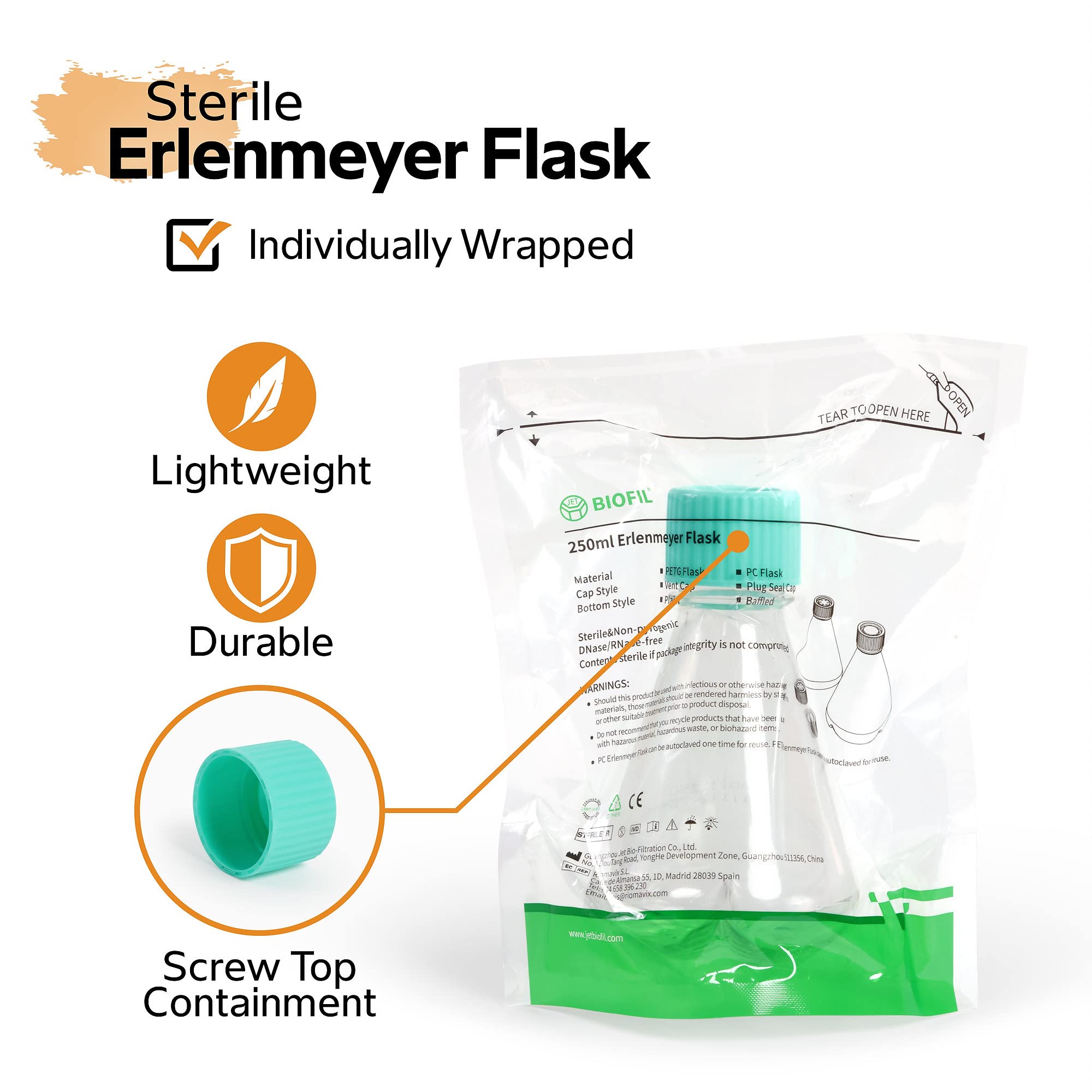 Jet Biofil Sterile Plastic Erlenmeyer Flask - 1 Graduated and Baffled Flask with Vented Cap - Science Beakers - 250mL
