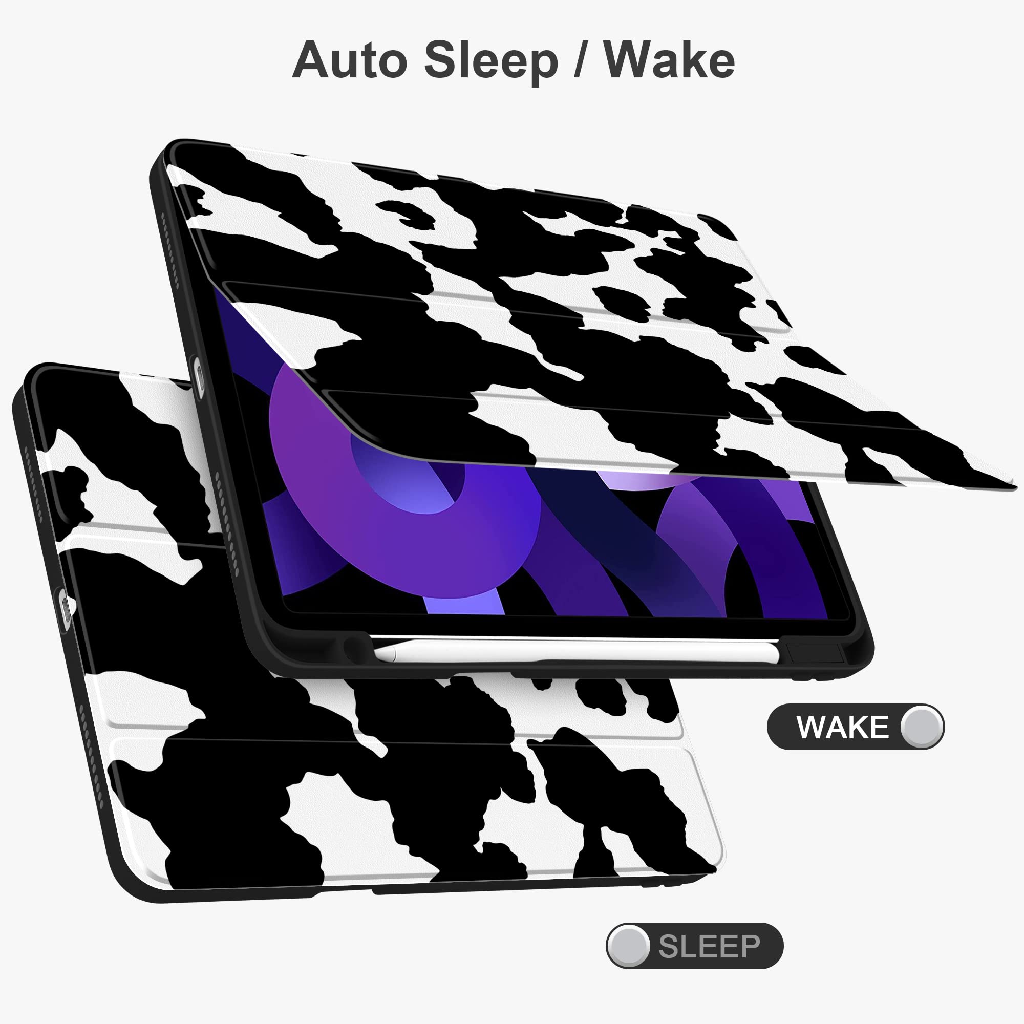 MEEgoodo for iPad 10th Generation Case 10.9 inch 2022, Tablet Cases with Clear Back & TPU Shockproof Frame Cover, Kids Shell with Trifold Stand+Pencil Holder+Auto Wake/Sleep, Black & White Piebald