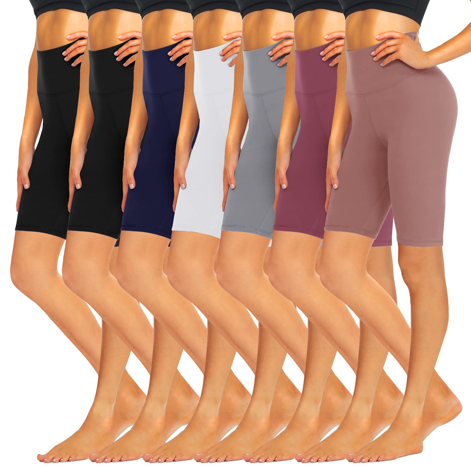iceROSE 7 Pack Biker Shorts for Women, 8" High Waisted Soft Workout Shorts Black Yoga Athletic Shorts