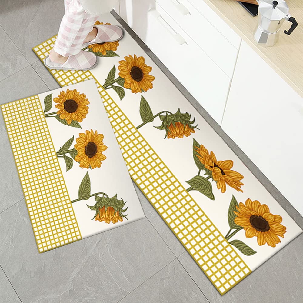 HJJKKH Sunflower Kitchen Rugs Set of 2pcs Anti Fatigue Mat,Waterproof Non Slip Sunflower Kitchen Mats Set for Kitchen Floor,Spring Summer Decorative Rugs for Home Kitchen (17x29.5+17x47.3 inche)