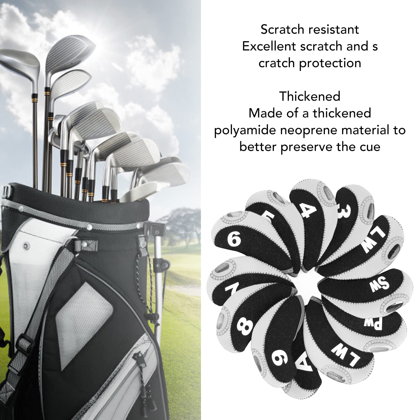 KUIDAMOS Golf Club Head Covers, Thickened Golf Club Protective Head Cover 12 PCS Easy to Use Waterproof for Exercise(Black and White)