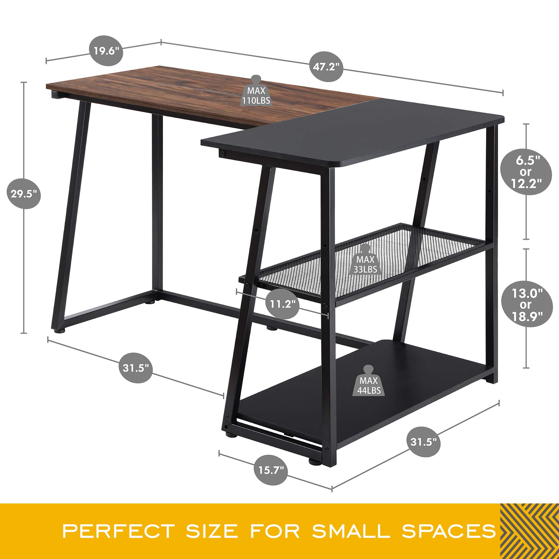 HOMOOI Small L-Shaped Desk with Storage Shelves, 47.2 Reversible Corner Writing Table for Home Office, Rustic Brown and Black