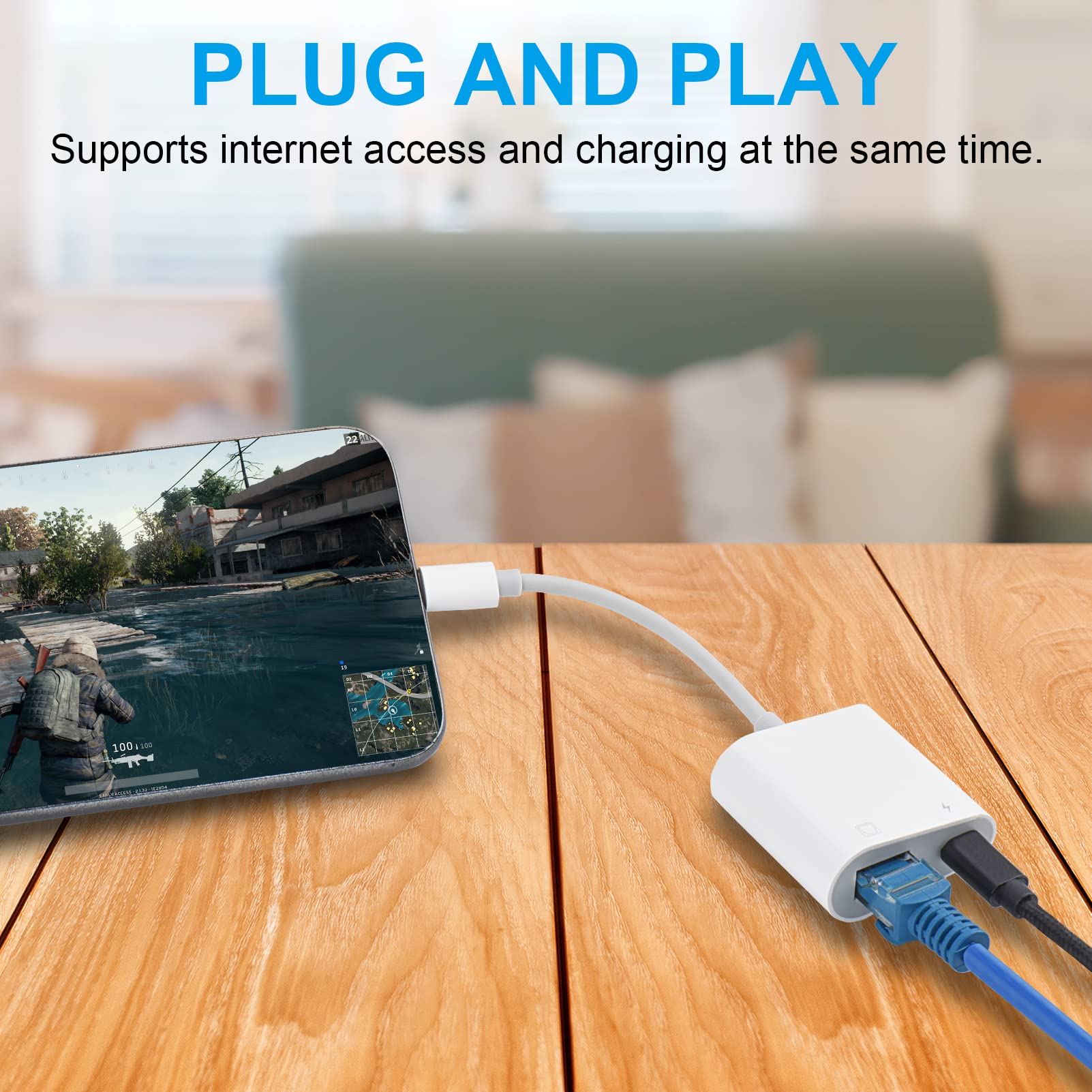 Lightning to Ethernet RJ45 LAN Network Adapter with Charging Port for lPhone,lPad 10/100Mbps High Speed,Plug and Play Supports All iOS