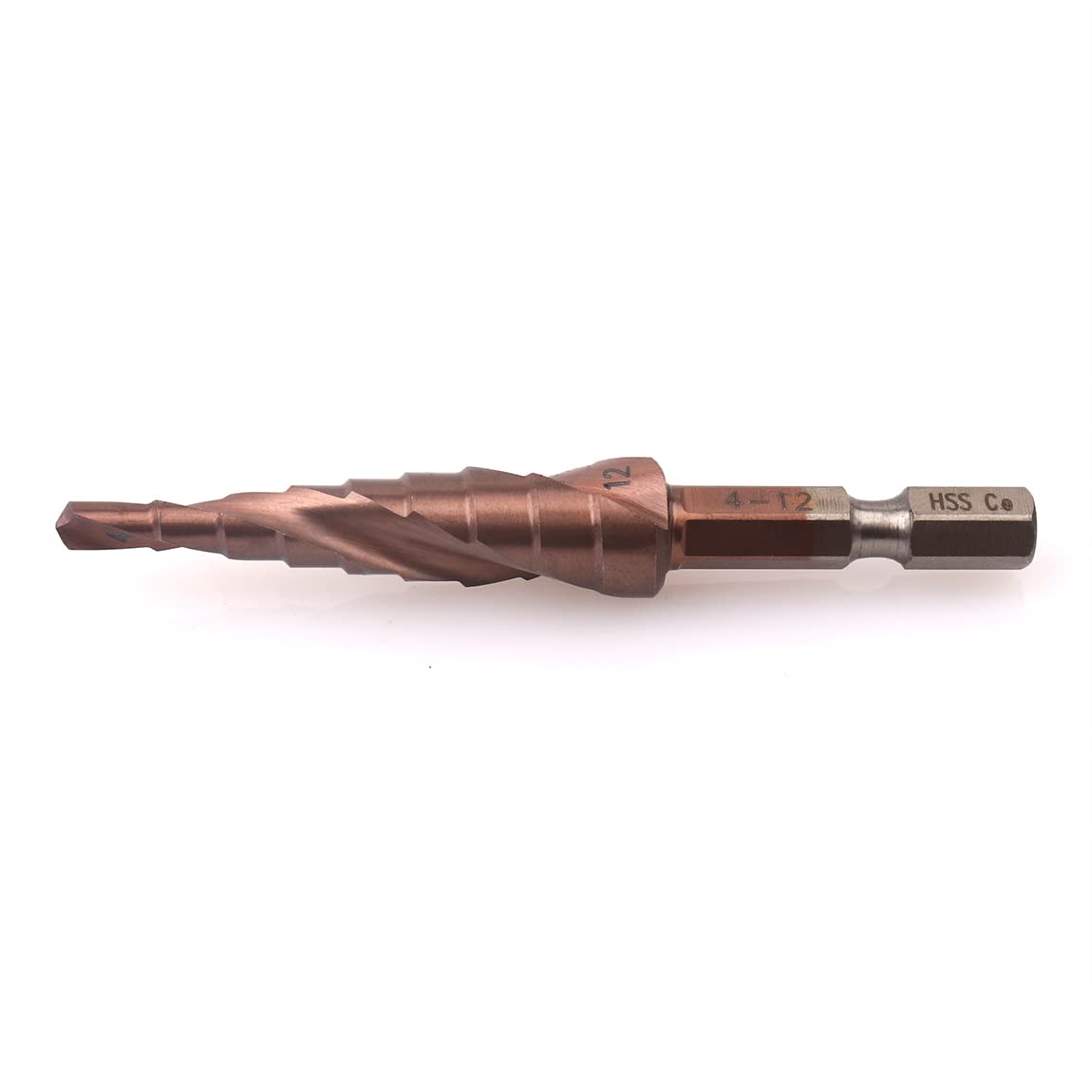 LWCUSNJ Cobalt Step Drill Bit, M35 5% HSS Co, Spiral Flutes and 1/4 Inch Hex Shank, Unibit Step Bit for Hole Drilling in Metal, Copper, Aluminum, Wood, Plastic (4-12mm,1pc)