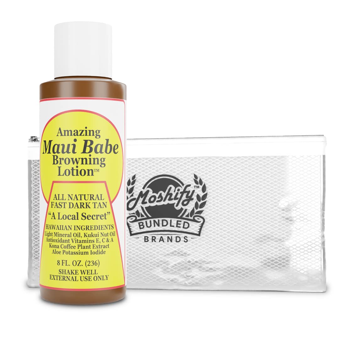 Maui Babe Browning Lotion for Beautiful Natural Tan 8fl oz - Seals Your Tan - Tanning Accelerator Made in Hawaii - Bundled with Moshify Travel Pouch (1 Pack)