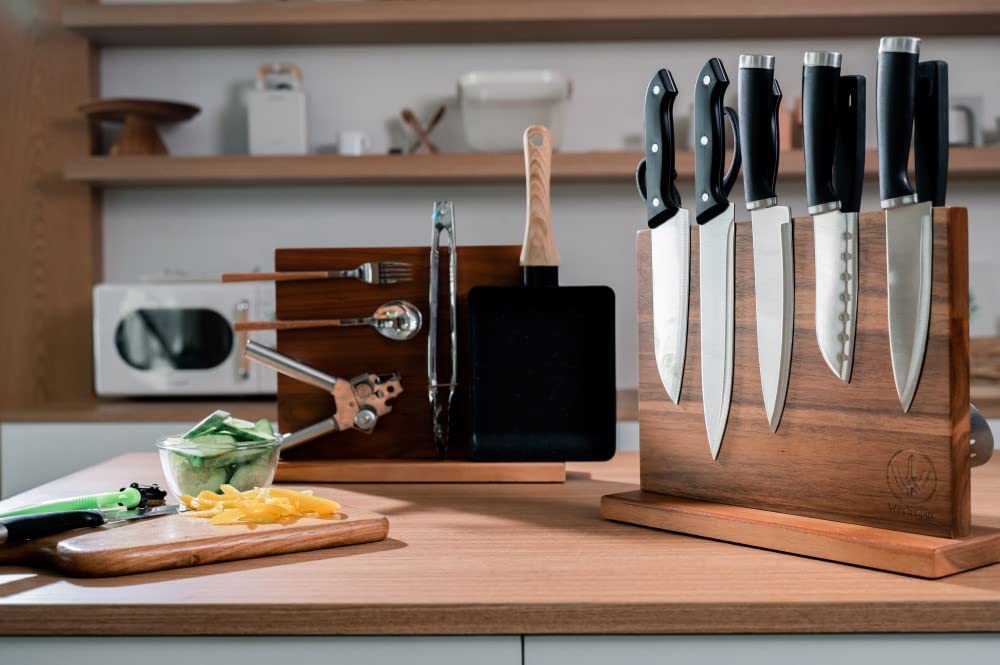 Magnetic Knife Block Made from Waterproof Acacia Wood Double Sided Built in Powerful Magnetic Strip for Dozen Knives Storage