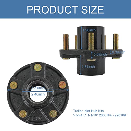 JDMSPEED 2 Trailer Idler Hub Kits 5 on 4.5" Replacement for Axle 1-1/16" Bearings 2000 lbs - 22016K