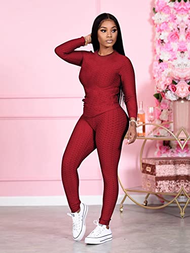 KANSOON Jogging Suits for Women 2 Piece Bodycon Sweatsuits Long Sleeve Pullover Top Jogger Pants Workout Set Wine Red XL