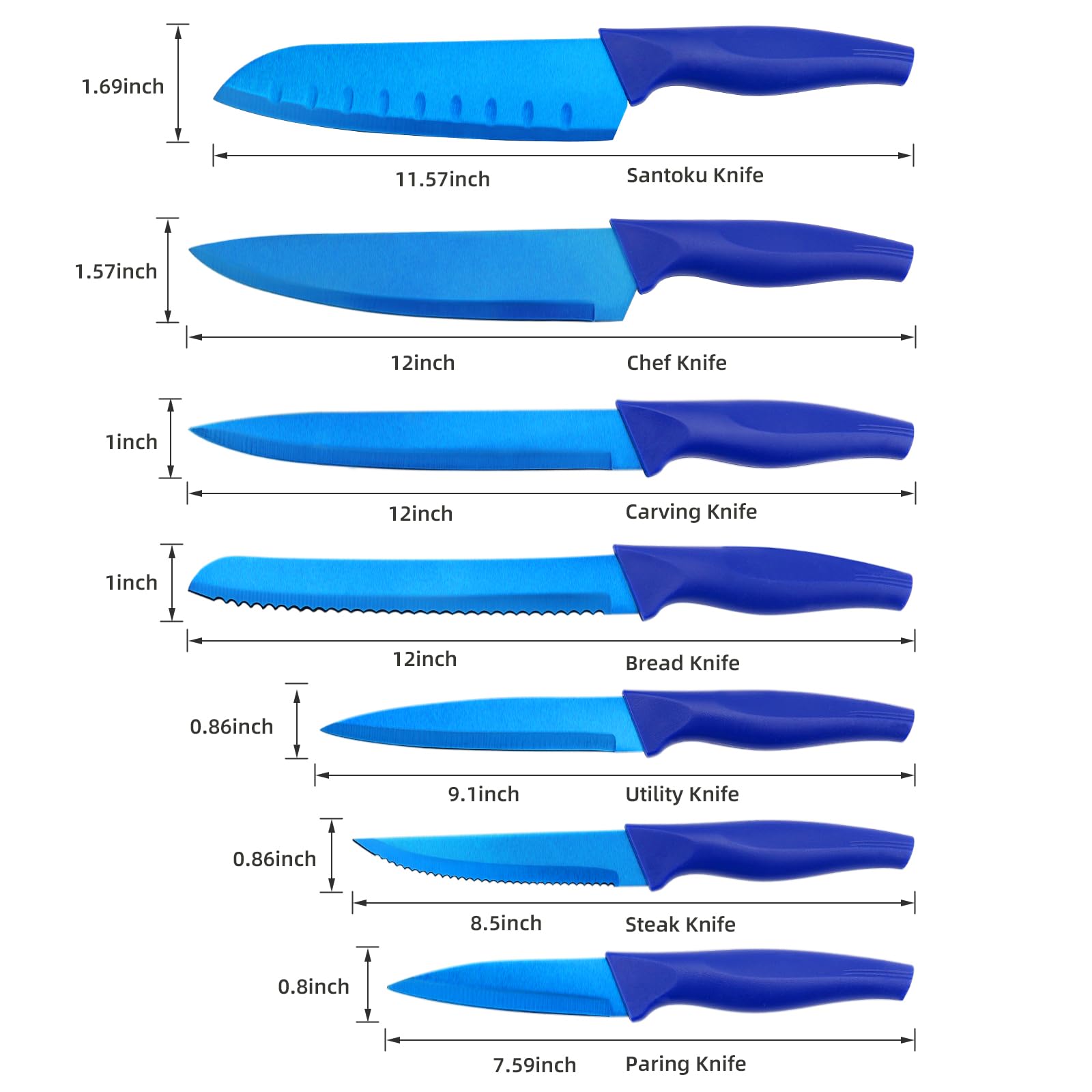 LIFVCNT 7 PCS Kitchen Knife Set, Chef Knife Set with 7 Sheathes, Small Stainless Steel Kitchen Knives Sets, Blue Sharp Cooking Cutting Knife Set with Covers without Block for Kitchen