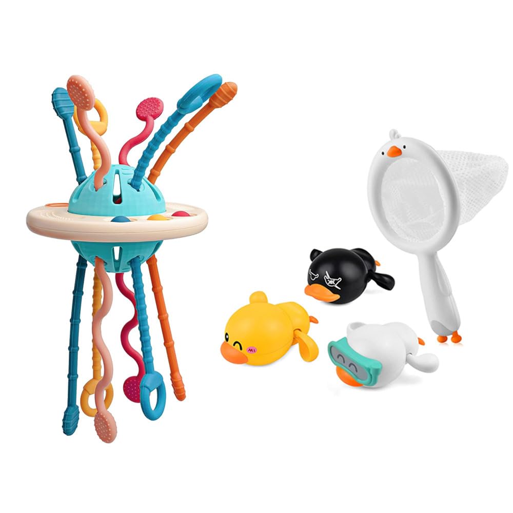 LiKee Silicone Pull Strings Toy and Wind Up Duck Bath Toys