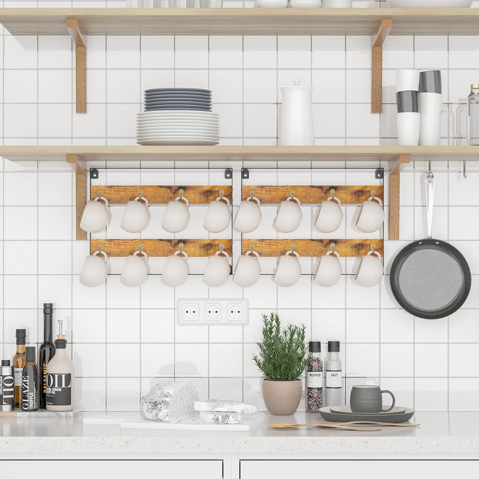 Huxitocan Mug Racks for Wall, Coffee Mug Holder Wall Mount Up to Hold 24 Mugs, Coffee Mug Rack Wall Mounted(3Pack) for Kitchen, Home, Coffee Bar, Rustic Wood and Iron