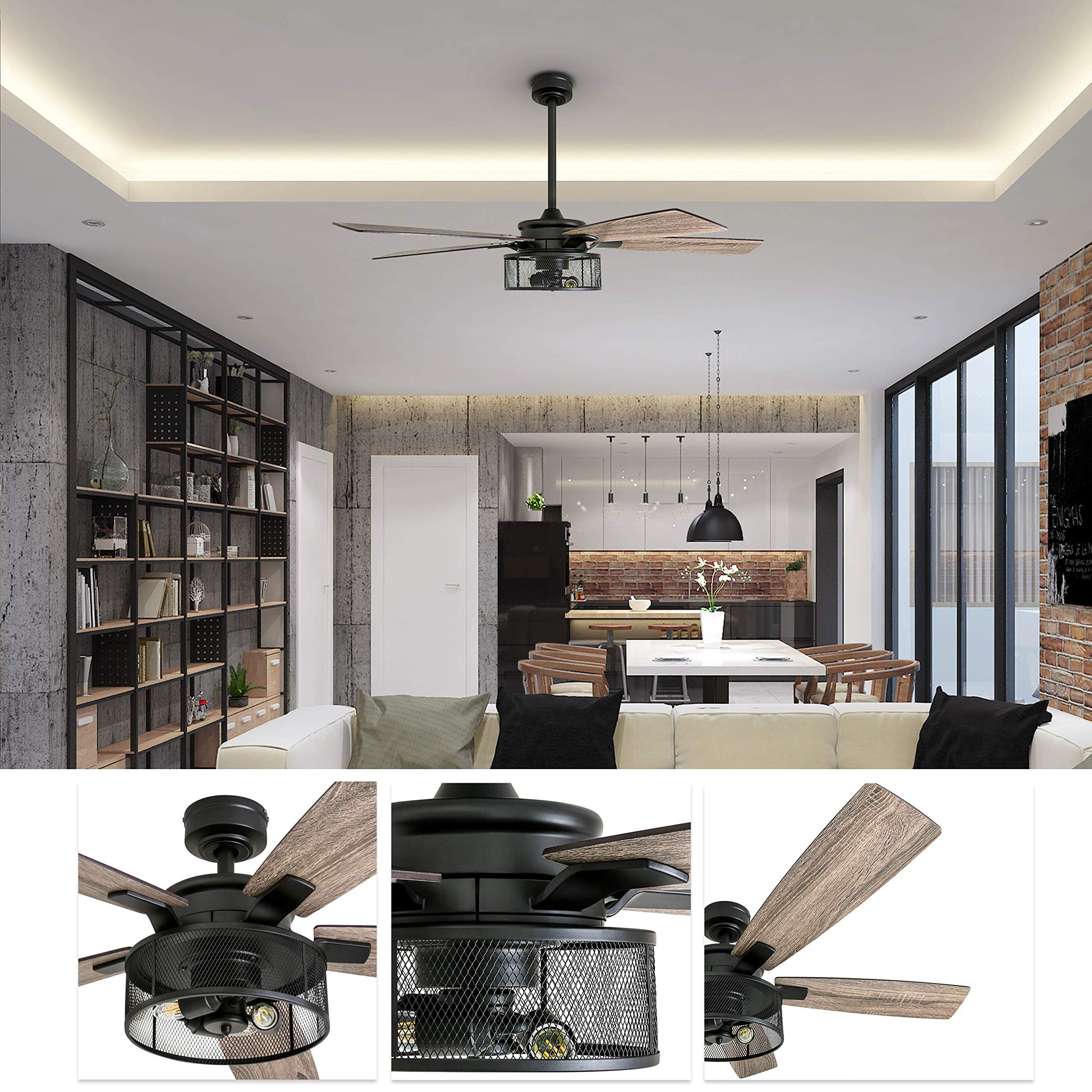 Honeywell Ceiling Fans 50614-01 Carnegie LED Ceiling Fan 52", Indoor, Rustic Barnwood Blades, Industrial Cage Light, Matte Black (Renewed)