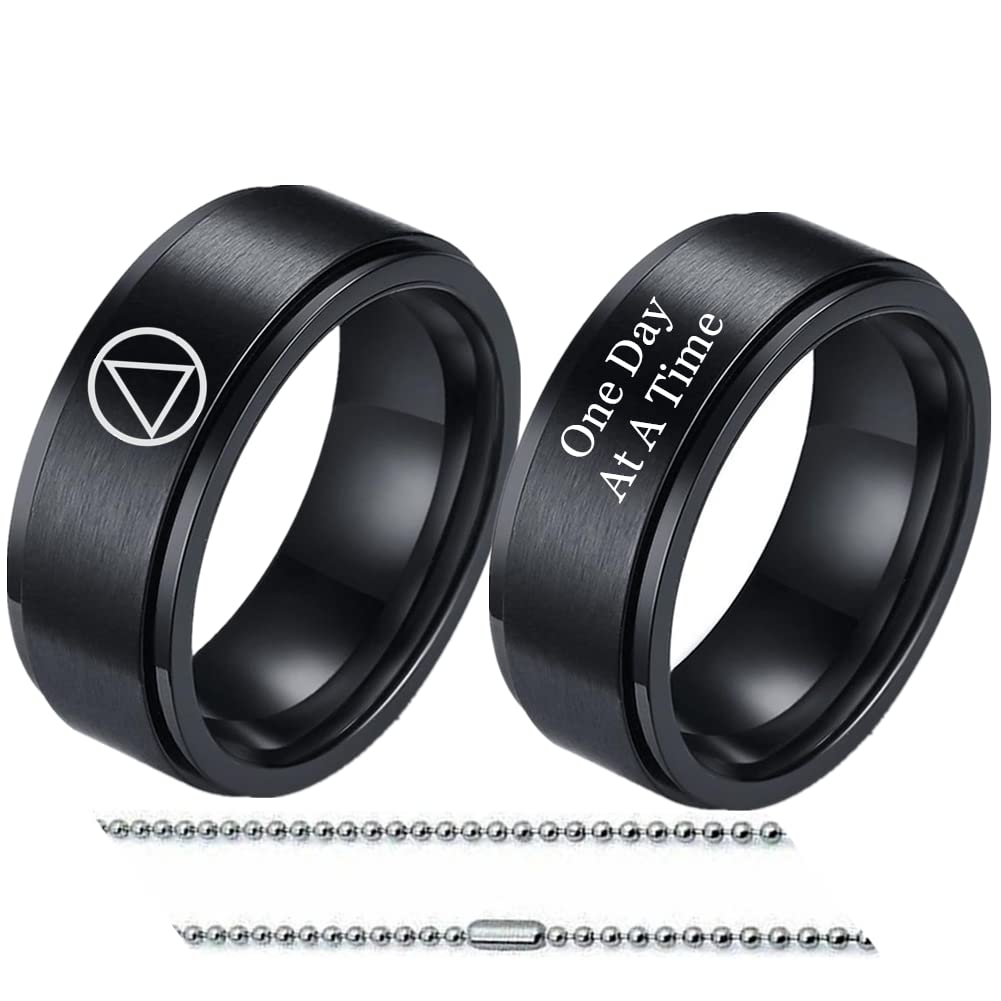 Inspirational One Day At A Time Sobriety Gifts for Women Men Stainless Steel Sober Recovery Anxiety Spinner Bands Ring Necklace Chain Alcoholics Addiction Recovering Jewelry Gift,Black, #10