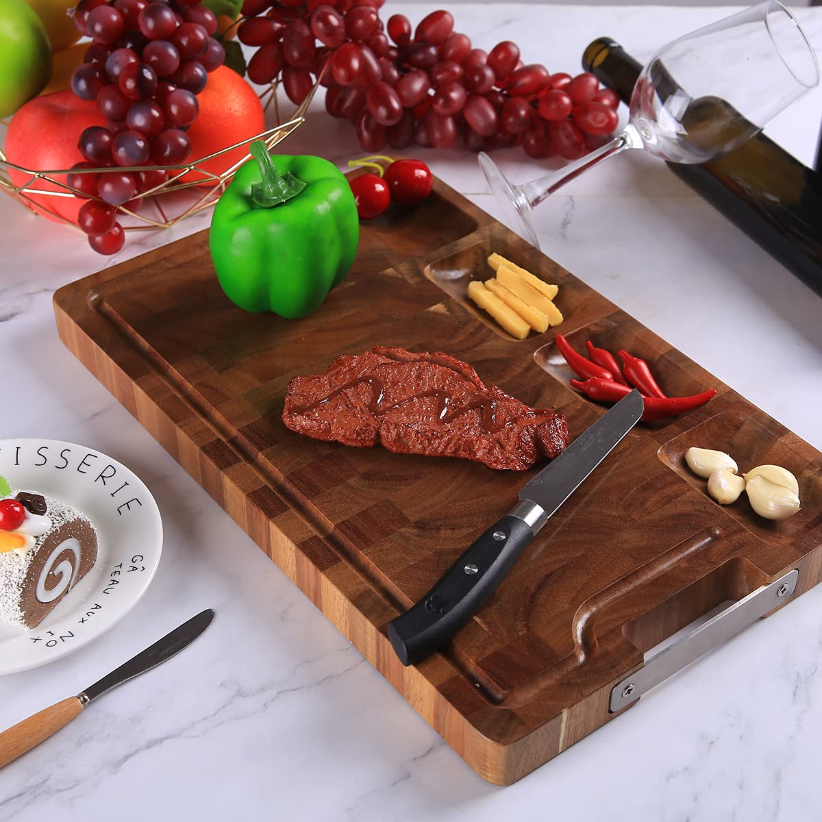 HHXRISE Acacia Wood Cutting Board for Kitchen, with 4 Built-in Compartments and Juice Grooves, Chopping Board with Handle, Butcher Block, Carving Board