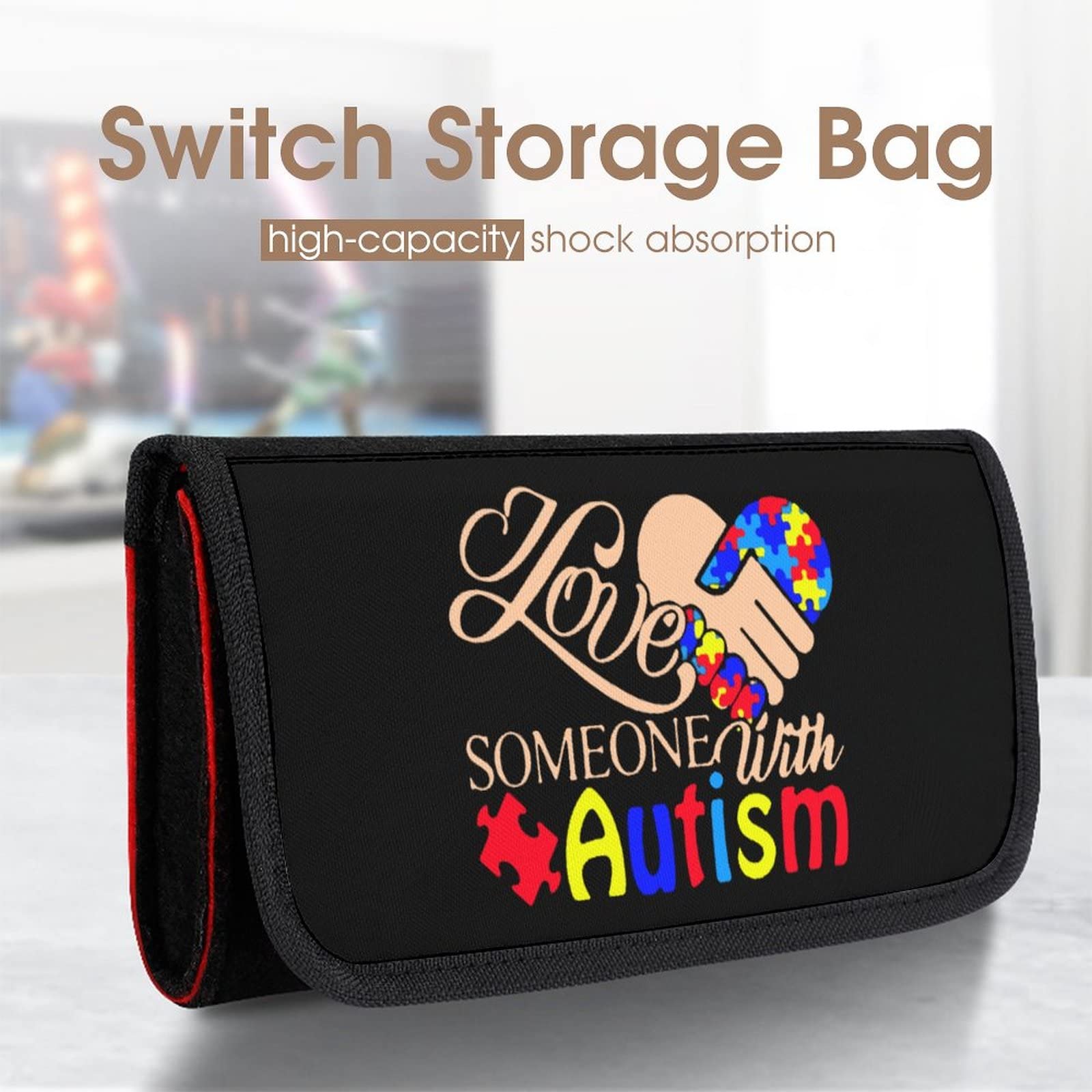 I Love Someone with Autism Carrying Bag Compatible with Switch Protective Case Slim Felt Pouch with 5 Game Cartridges Holders