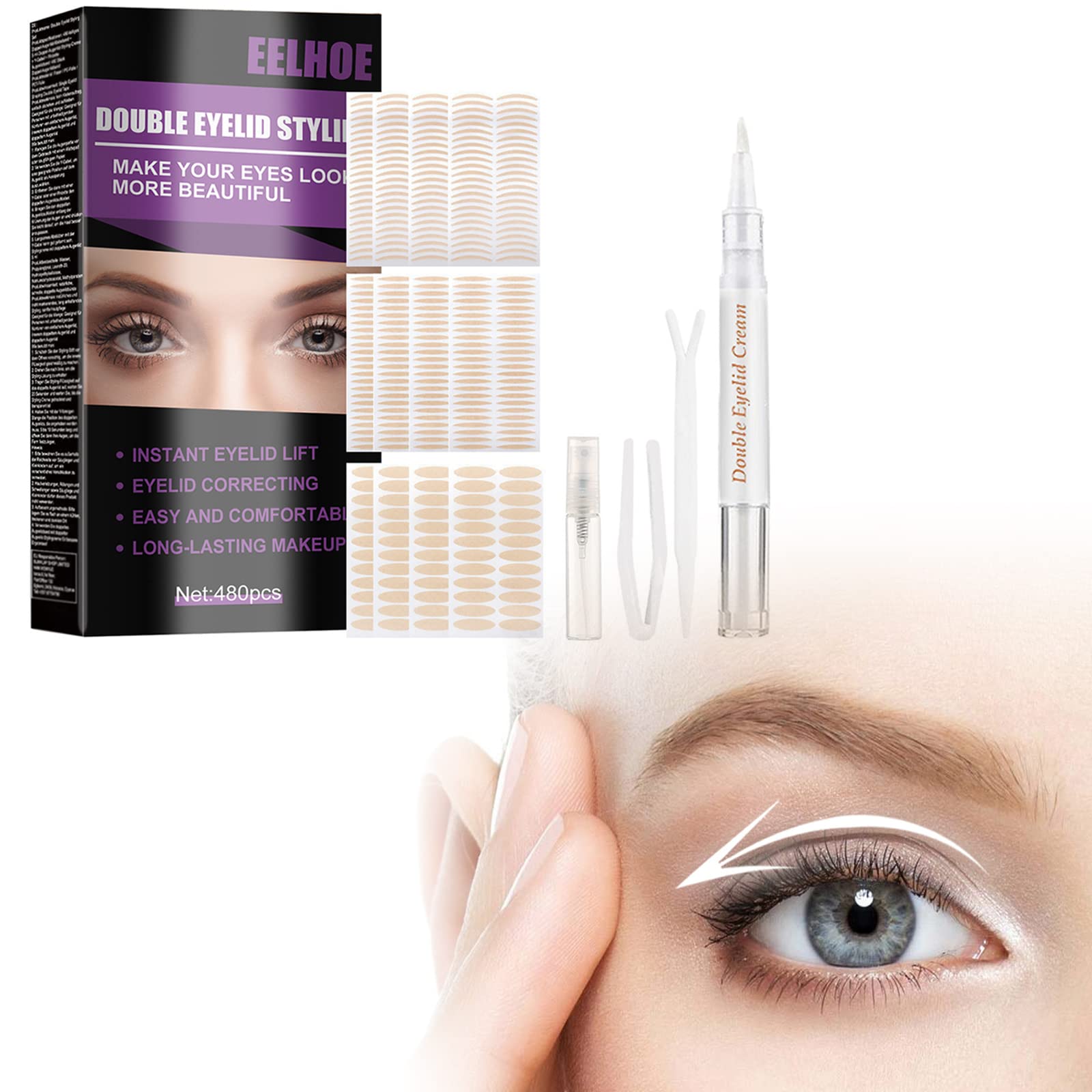 Lids by Design Eyelid Strips,Breathable and Waterproof Lids by Design Double Eyelid Strips with Fork Rods and Tweezers,for-Uneven/Droopy/Hooded-Eyelids