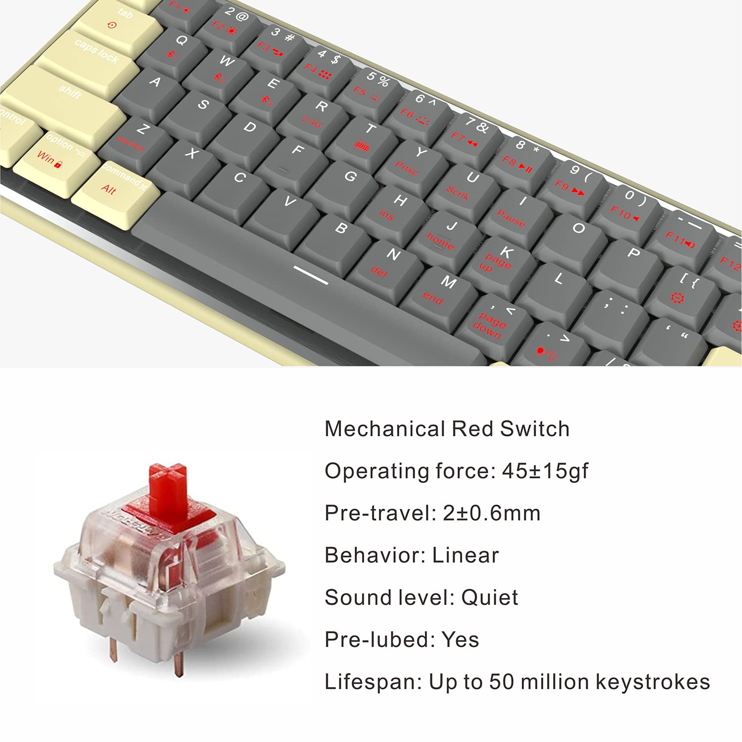 K206 Mini Bluetooth Wireless Mechanical Keyboard, 2.4G Wireless/ Bluetooth/ Wired Gaming Keyboard, 61 Keys RGB Hot Swappable Gaming Keyboard with LED Backlit, Red Switch for Win/Mac (Retro Grey)