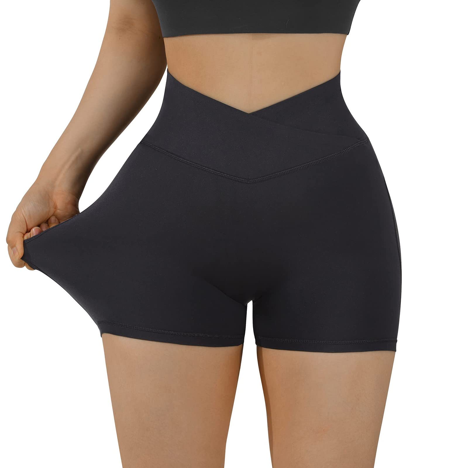 High Waist Lifting Women Biker Workout Butt Shorts V Cross Waisted Shorts Yoga 5 Inch Compression Shorts (Black, M)