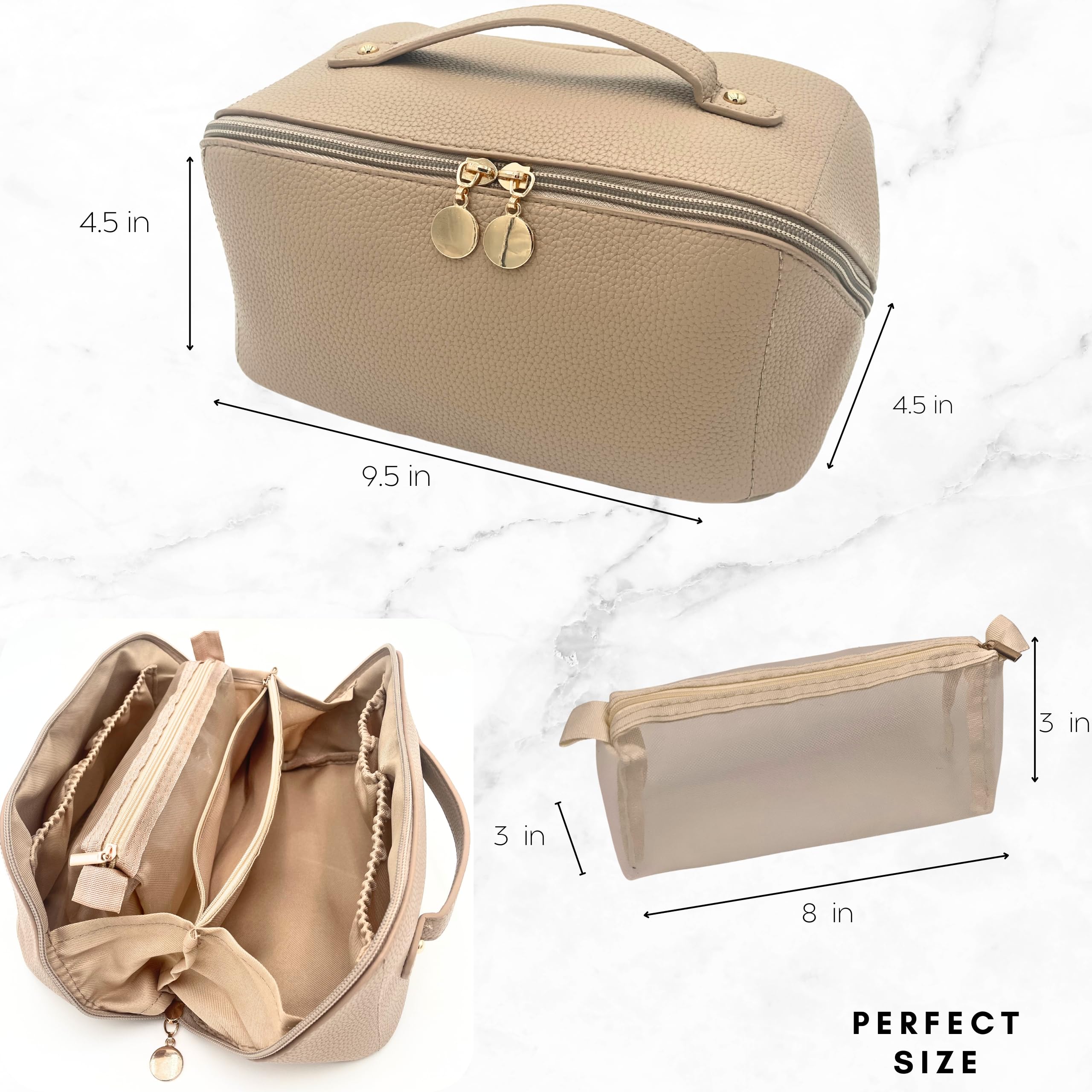JAZD Large Capacity Travel Cosmetic Bag - Makeup Bag Opens Flat for Easy Access - Leather Waterproof Portable Cosmetics Bag with Handle, Divider - Toiletry Make up Organizer Bag.