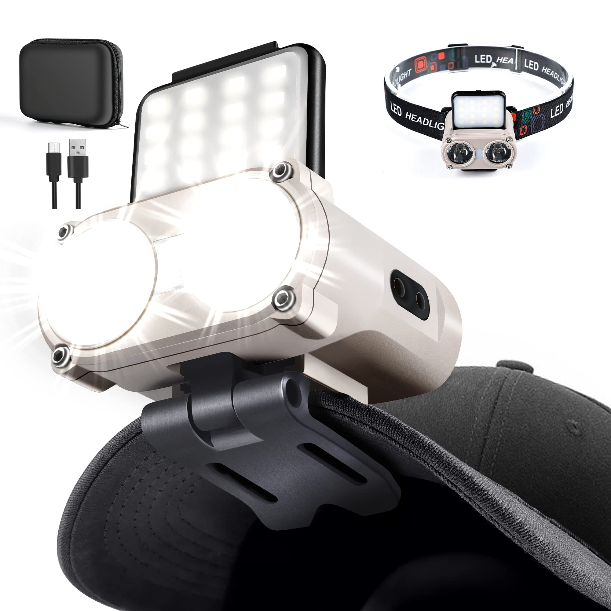 Hopedone LED Hard Hat Light, 800Lumens Rechargeable Dimmable Clip on Cap Lights, 180°Adjustable Hands Free Hat Flashlight Headlamp Waterproof for Running, Camping, Hunting, Cycling, Emergency