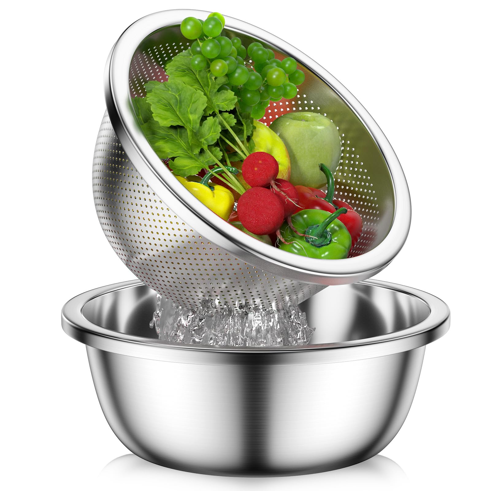 JSCARES 304-Stainless-Steel Colander with Mixing Bowls, 2-Quart Large Capacity, Metal Strainer Set Microporous Colander for Washing & Draining Rice, Fruit, Vegetables, Noodle, Cooked pasta(2PC)