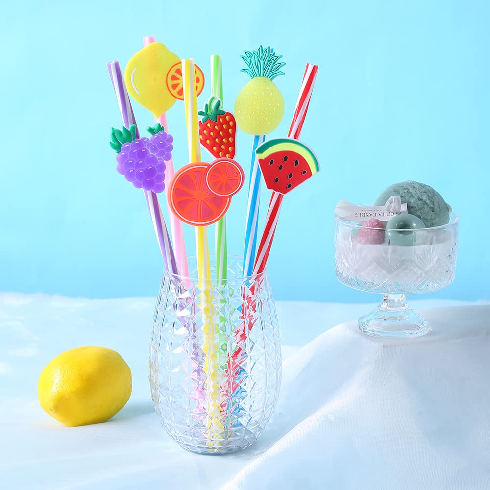 Honest ECO Replacement Disposable Plastic straws for Kids Party DIY Decoration Daily Drinking Straws (24 straws+12 plastic fruits+2 cleaning brush)