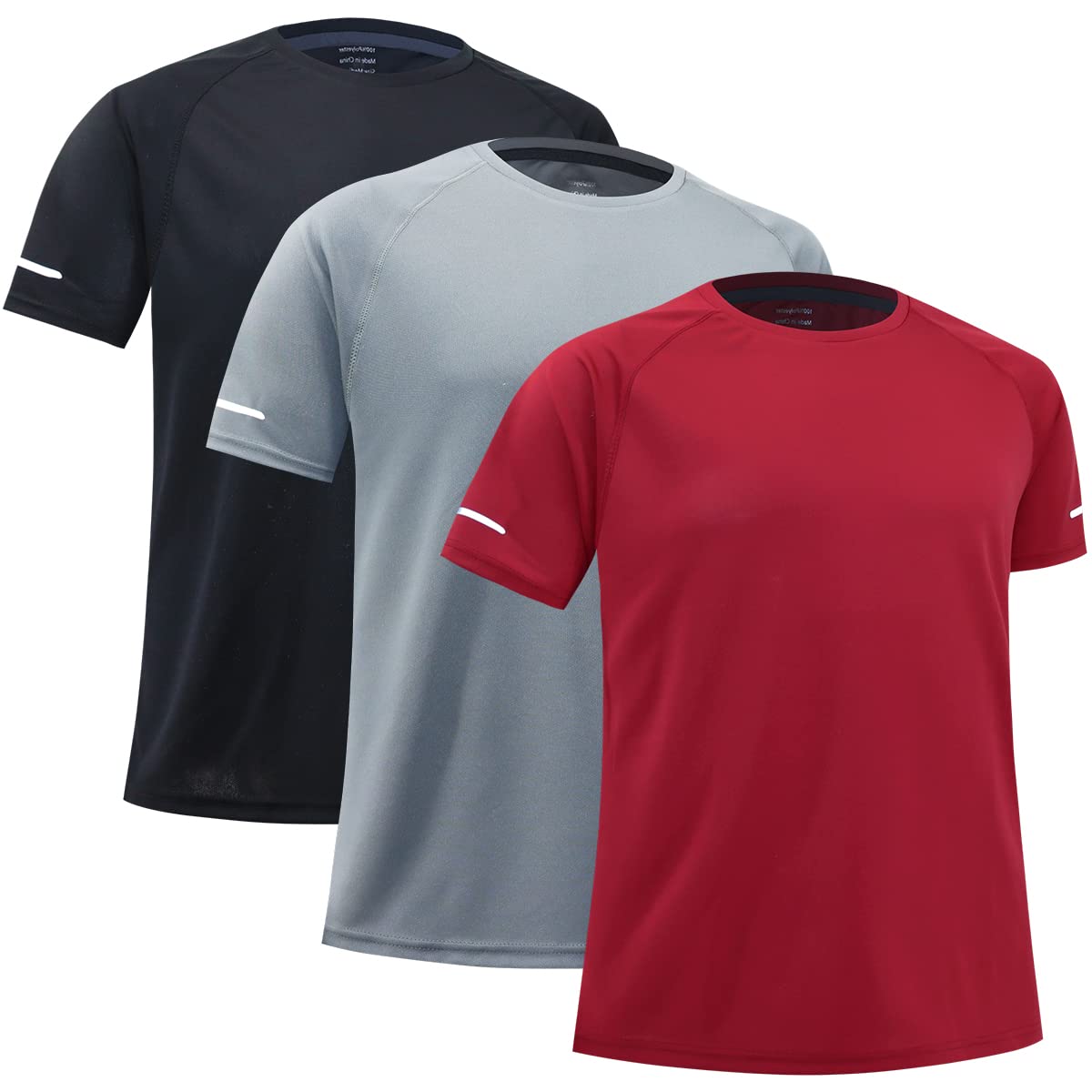 HIGHFISH Men's Workout T Shirts Short Sleeve Active Top Dry Fit Gym Tee Crew Neck Athletic Running Tshirt (Large, 3 Pack Black, Grey, Red)