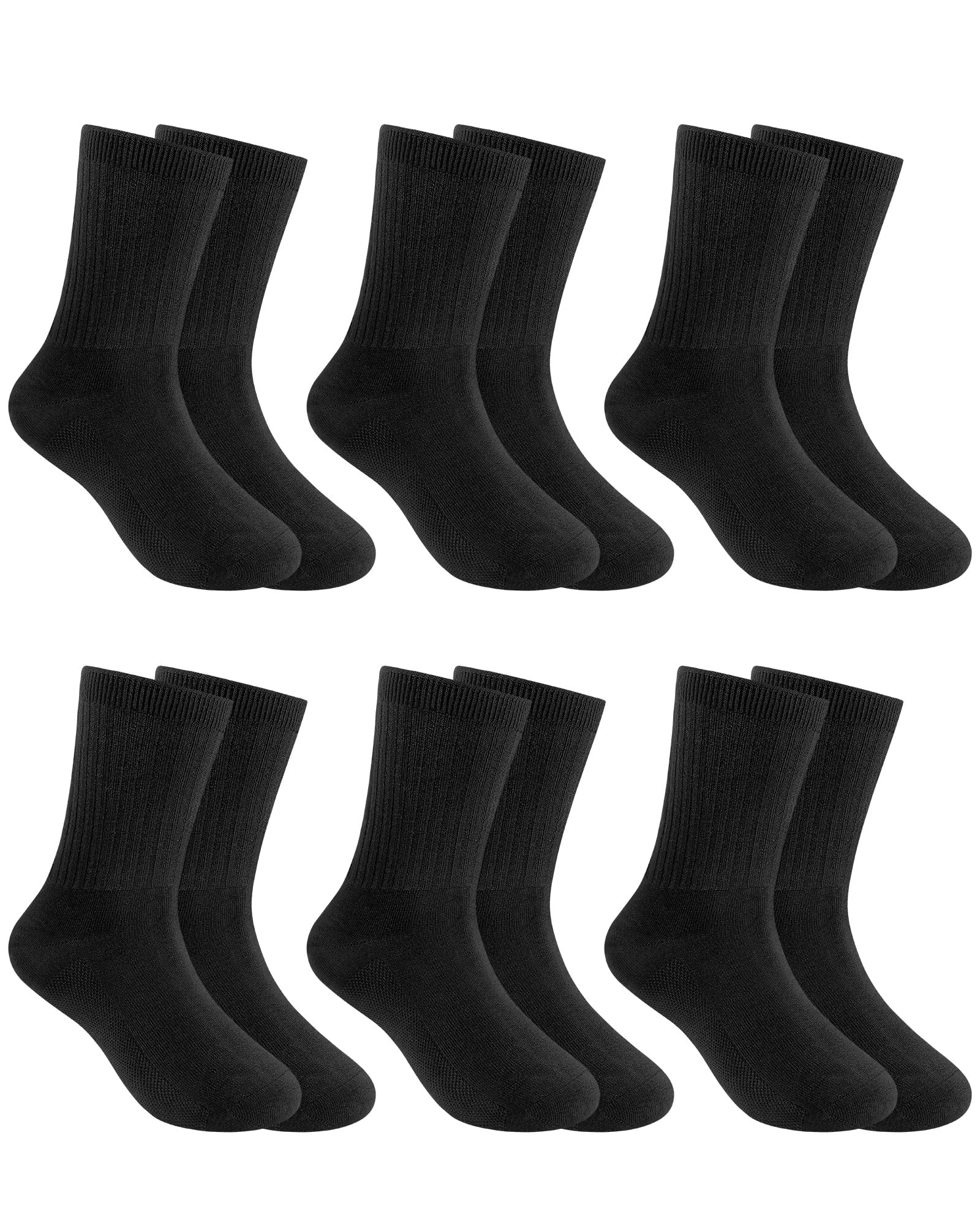 KEREDA Boys Girls Cushioned Crew Socks Athletic Training Socks for Active Kids 6 Pairs 7-10 Years Black