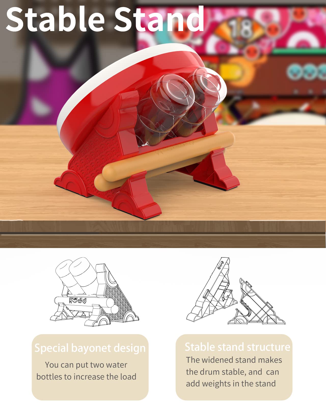 IINE Taiko Drum Controller for Nintendo Switch/PS4/PC,Bonus Two Drum Sticks,1.8m Wired Drum Controller for Taiko no Tatsujin Game Red