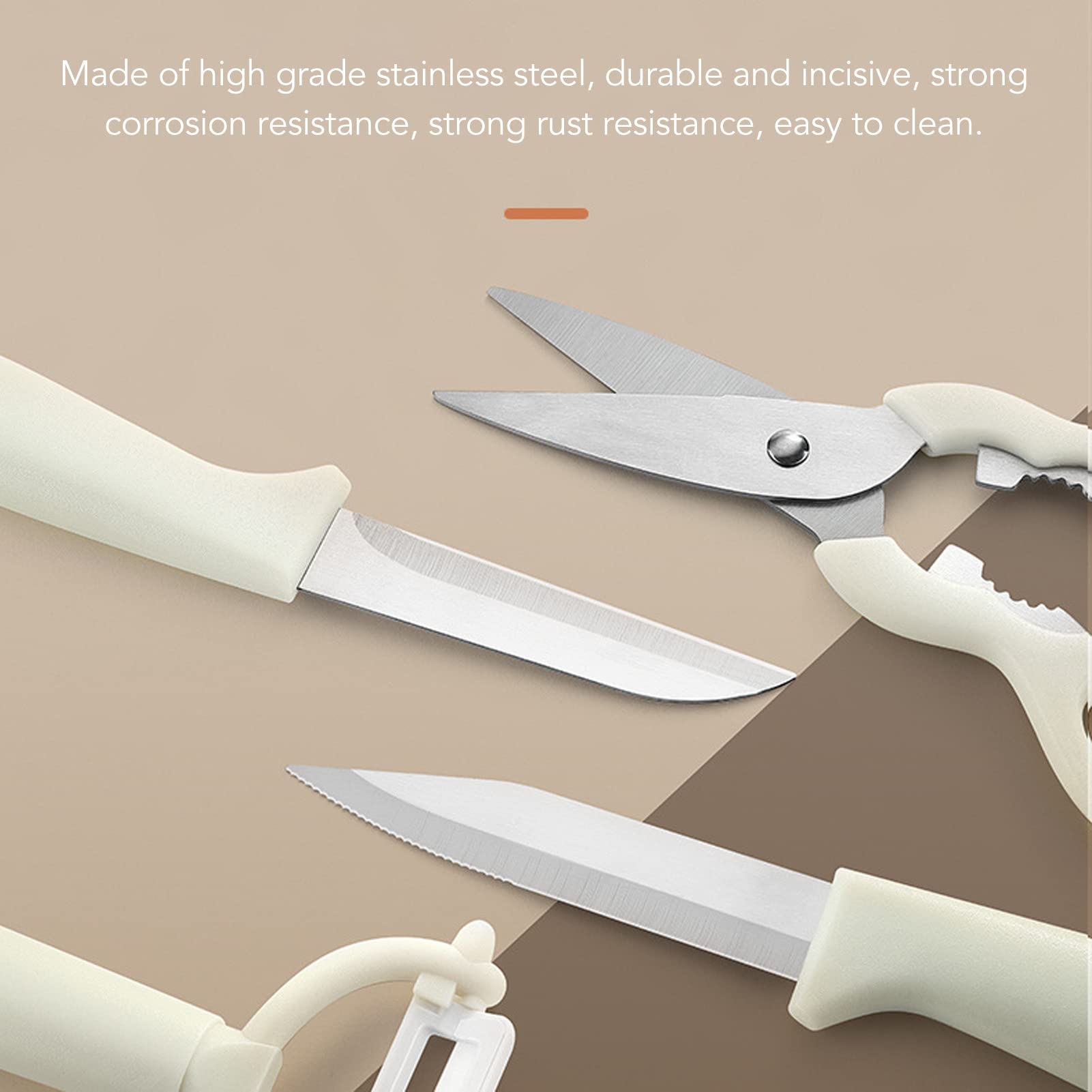Knife Set with Block, 5 Piece Kitchen Knife Sets with Stainless Steel Knives Scissors and Peeler for Veg Fruit Meat Steak, Beige