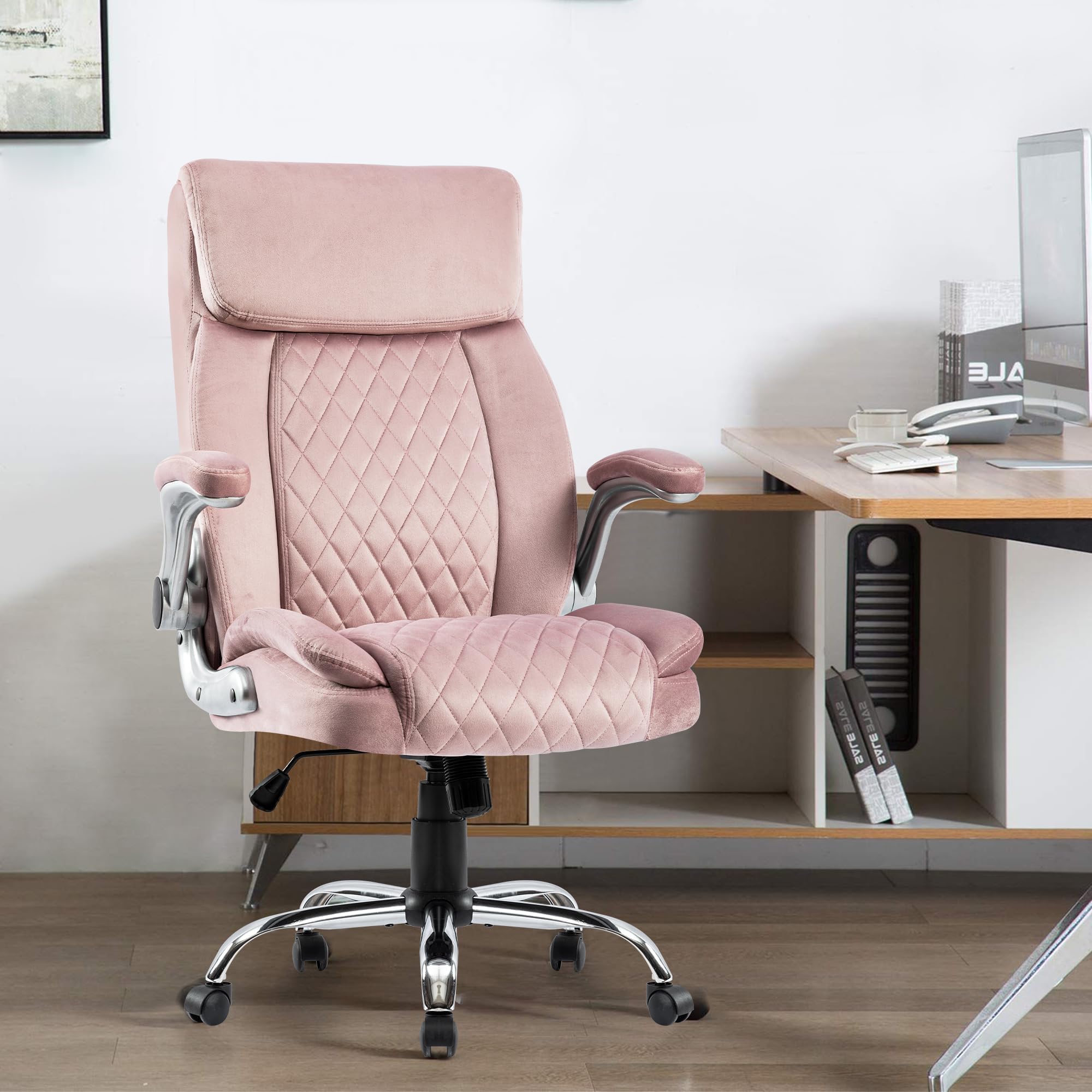 HOMYEDAMIC Velvet Ergonomic Office Chair, Adjustable Arms Wide Managerial Executive Home Desk Computer Chair Big and Tall with High Back Lumbar Support Wheels Comfortable (7013-Pink)