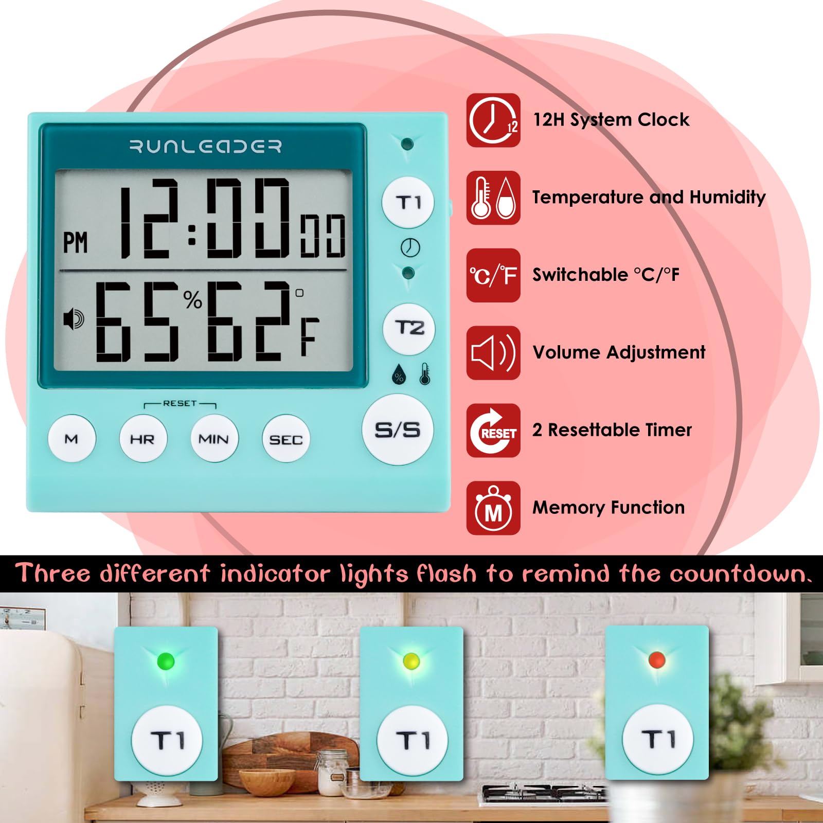 Jayron KT002A 2-Channel Kitchen Timer Magnetic Countdown Timer Clock Temperature and Humidity Meter Digital Minute/Second Timer Desk Clock for Elderly Kids(Blue)