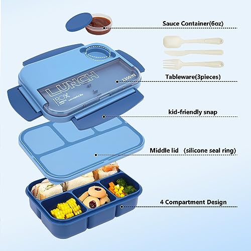 Luriseminger Bento Lunch Box, Snack Containers,Meal Prep Containers Kids/Toddle/Adults,Food Storage Containers for School, Work and Travel (4 compartment-blue)