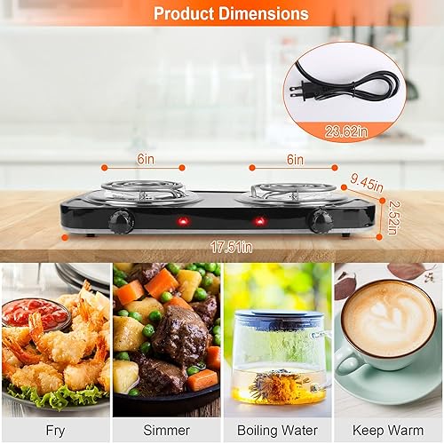 Hot Plate, 2000W Portable Electric Double Coil Burner with Dual Control & 5 Level Temperature Control, Easy to Clean, Lightweight Stainless Steel Countertop Stove for Kitchen Dorm Camping,110V